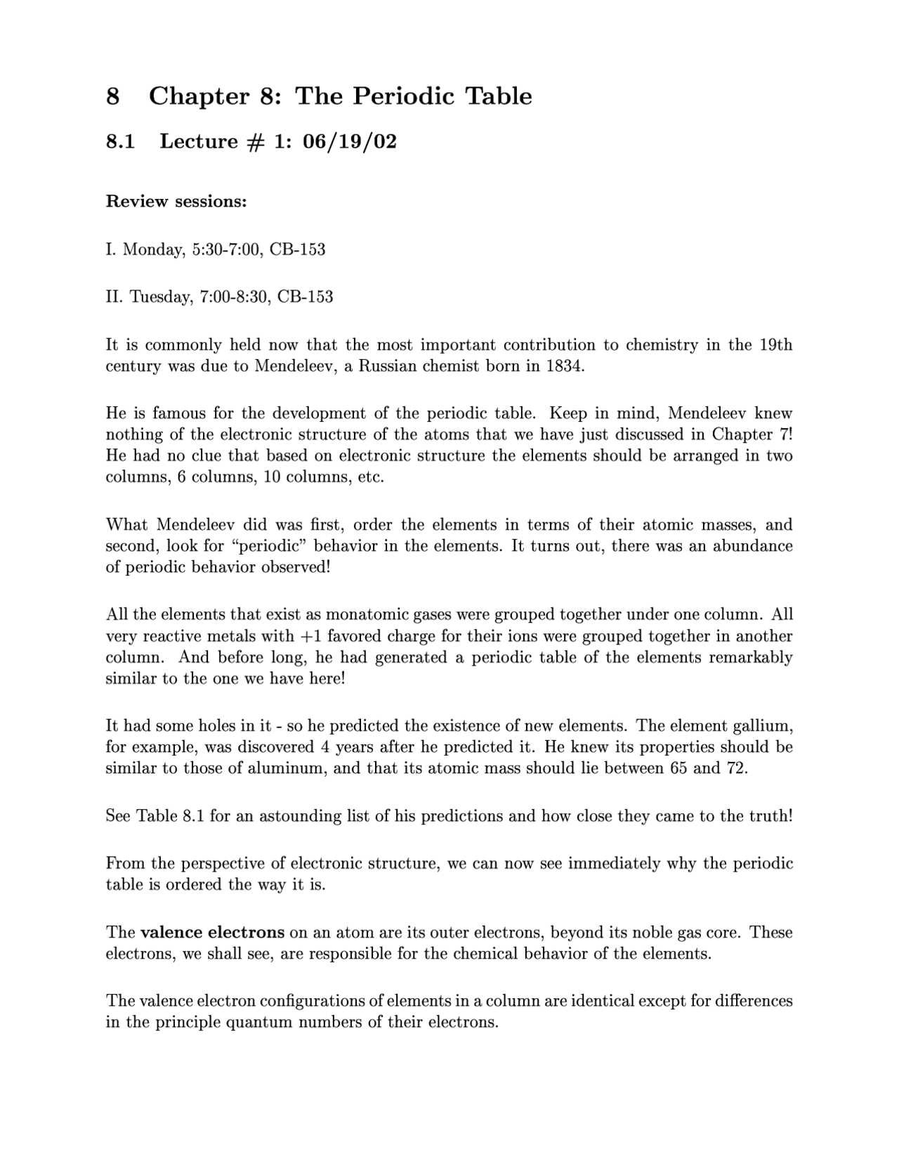 The Periodic Table Lecture Notes General Chemistry I Chem 111