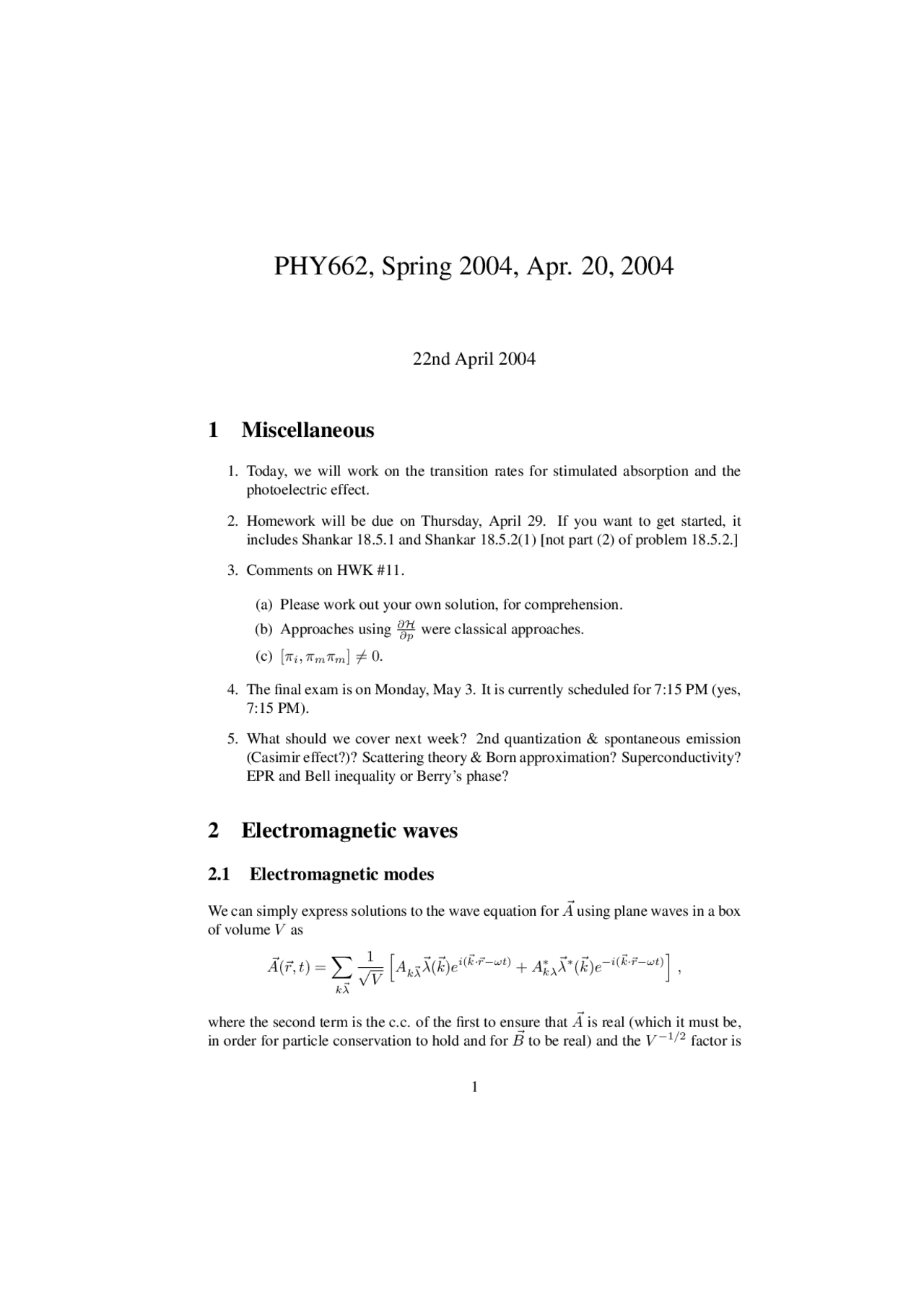 Electromagnetic Waves Lecture Notes Phy 662 Docsity