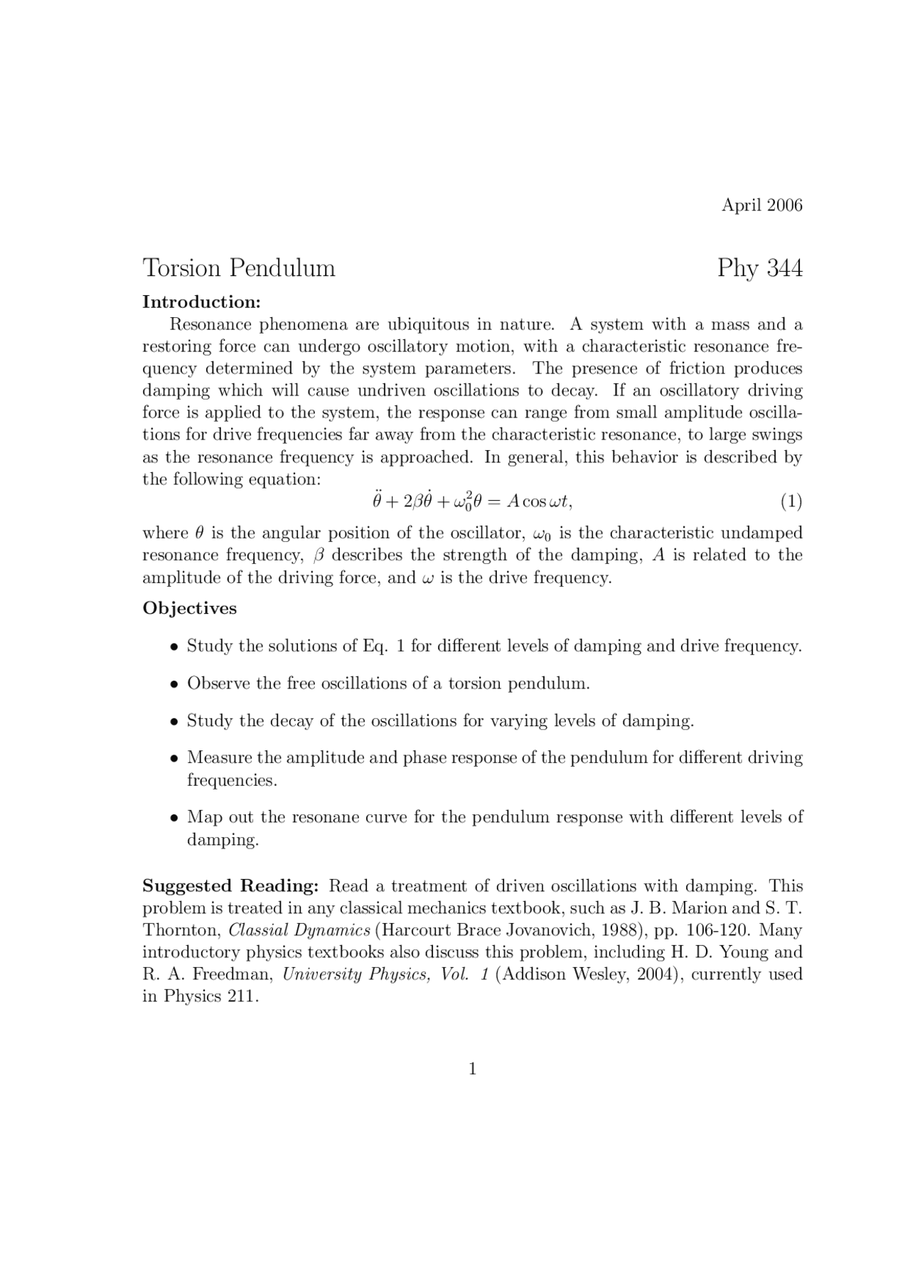 Lab For Torsion Pendulum Experimental Physics I Phy 344 Docsity