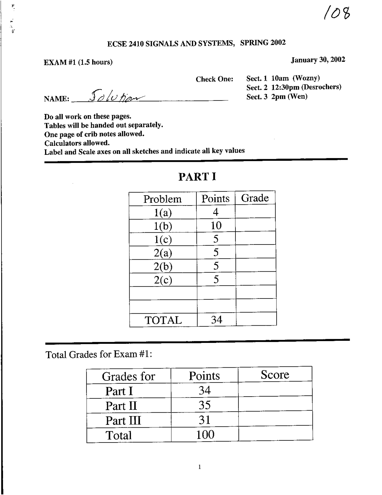 Exam 1 Solutions Signals And Systems Ecse 2410 Docsity