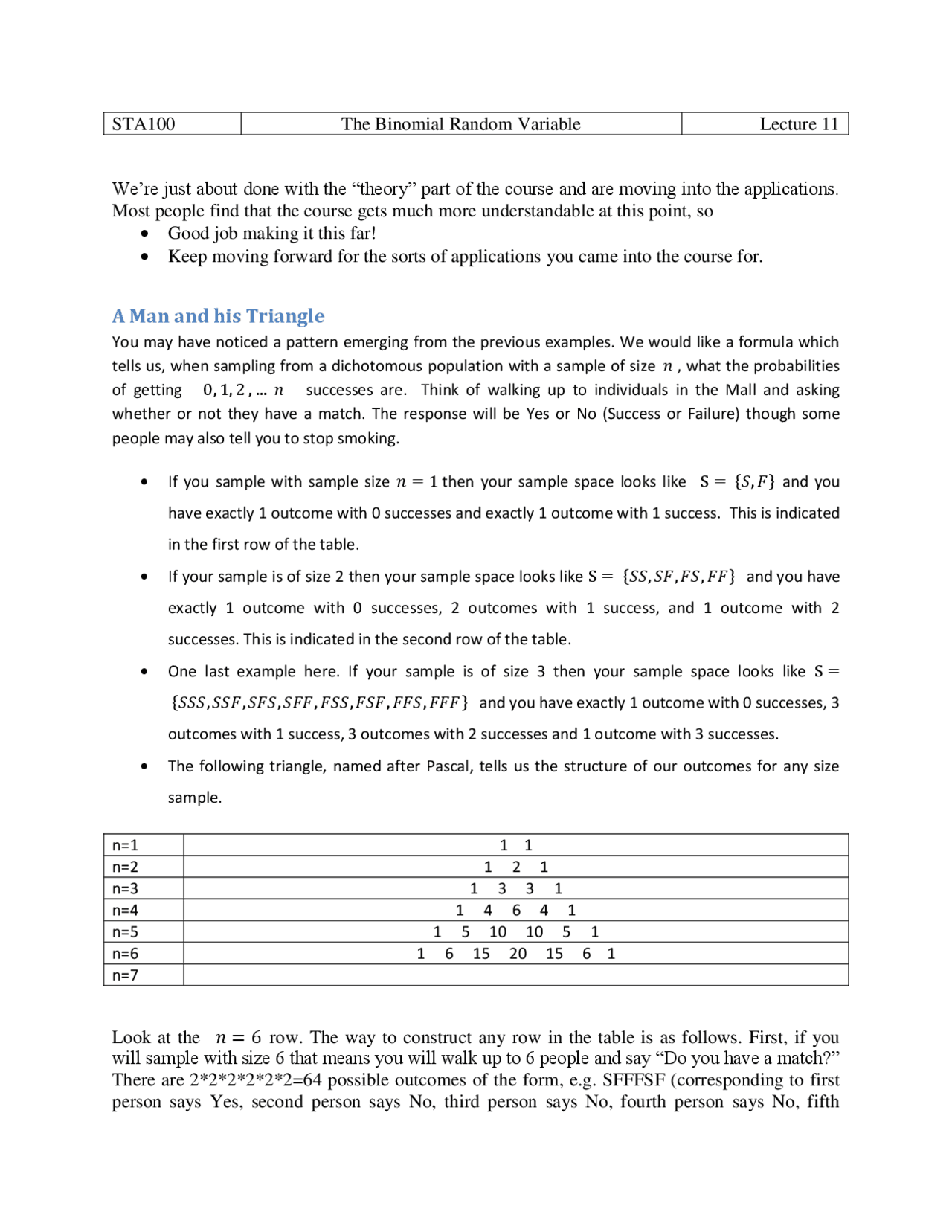 The Binomial Random Variable Lecture Notes Sta 100 Docsity