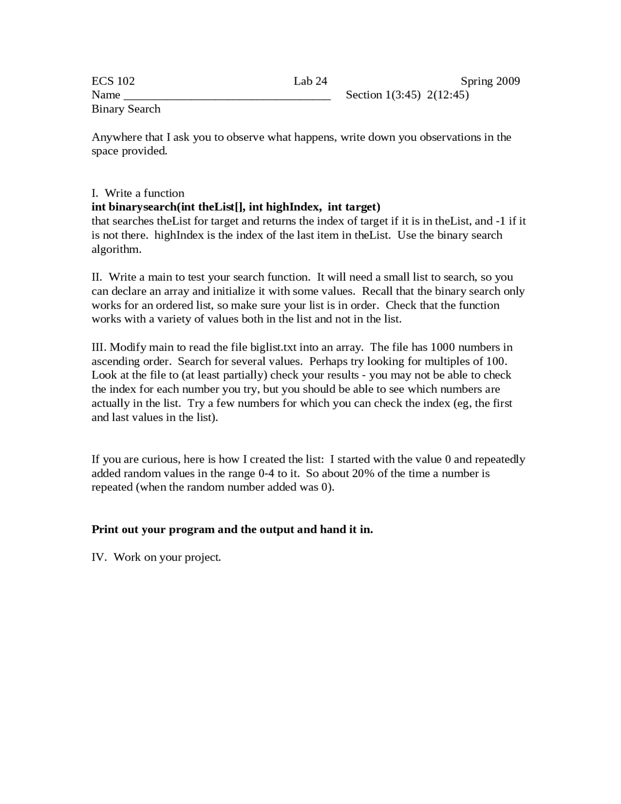 Binary Search Introduction To Computing Lab 24 Ecs 102 Docsity