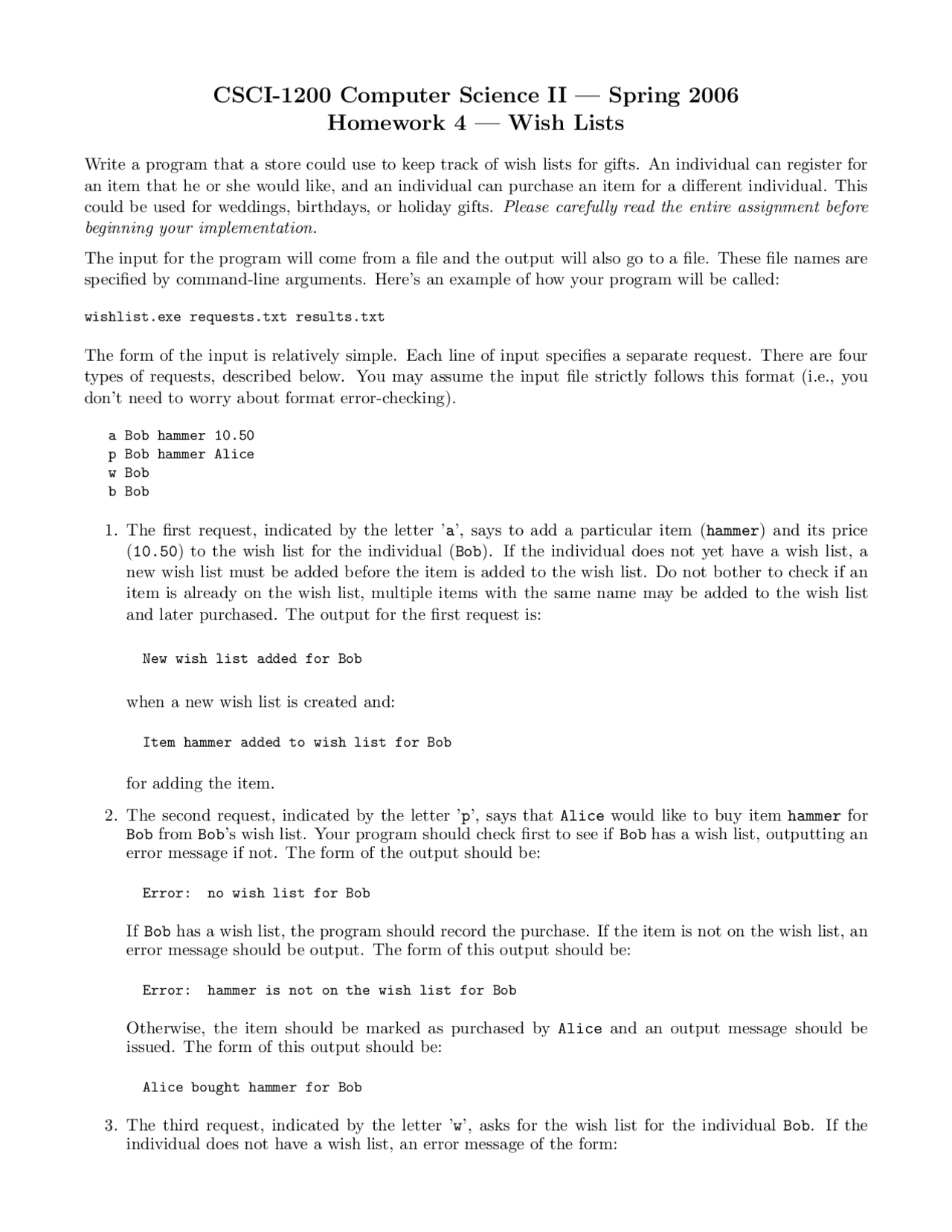 Homework 4 Wish Lists Computer Science Ii Csci 1200 Docsity