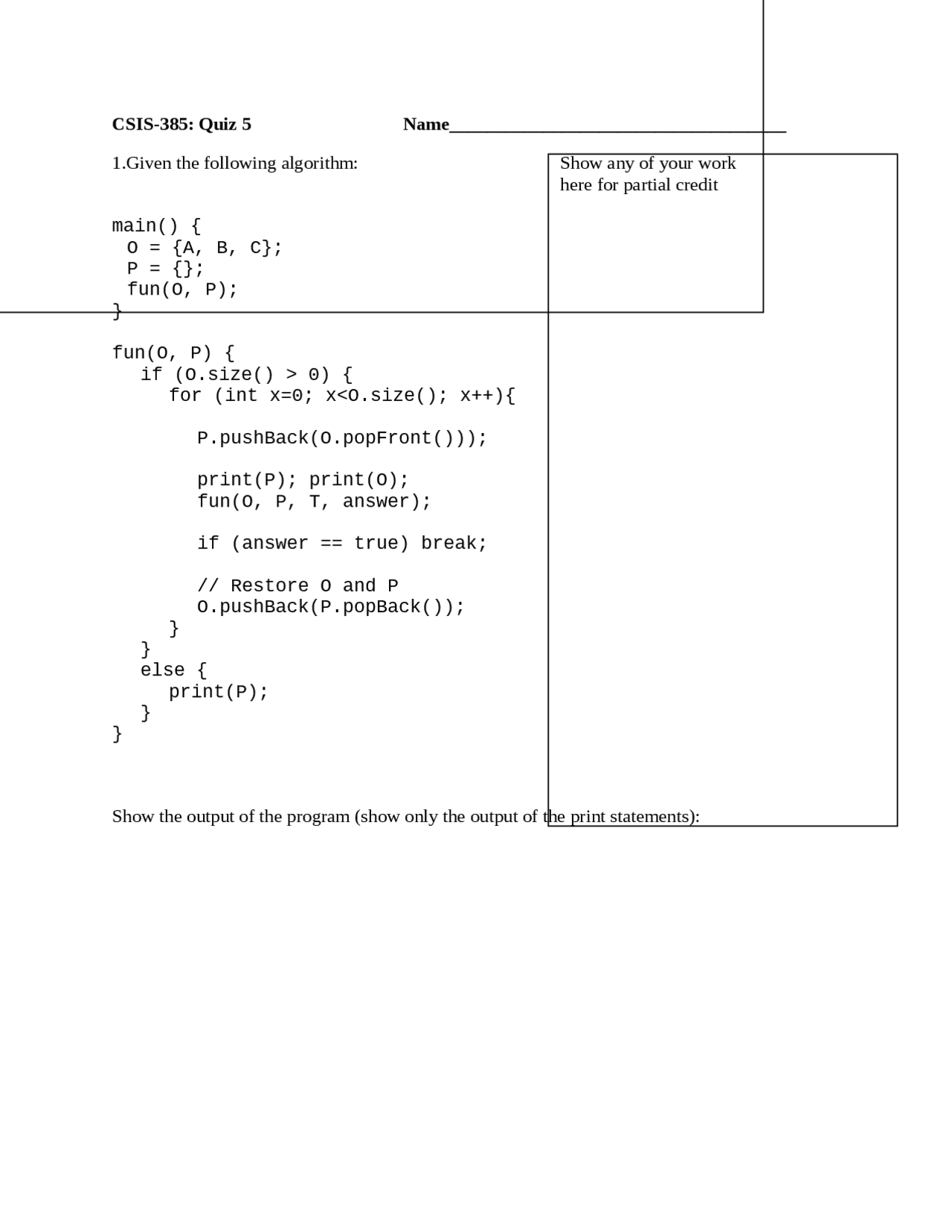 6 Questions On Analysis Of Algorithms Quiz 5 Csis 385 Docsity