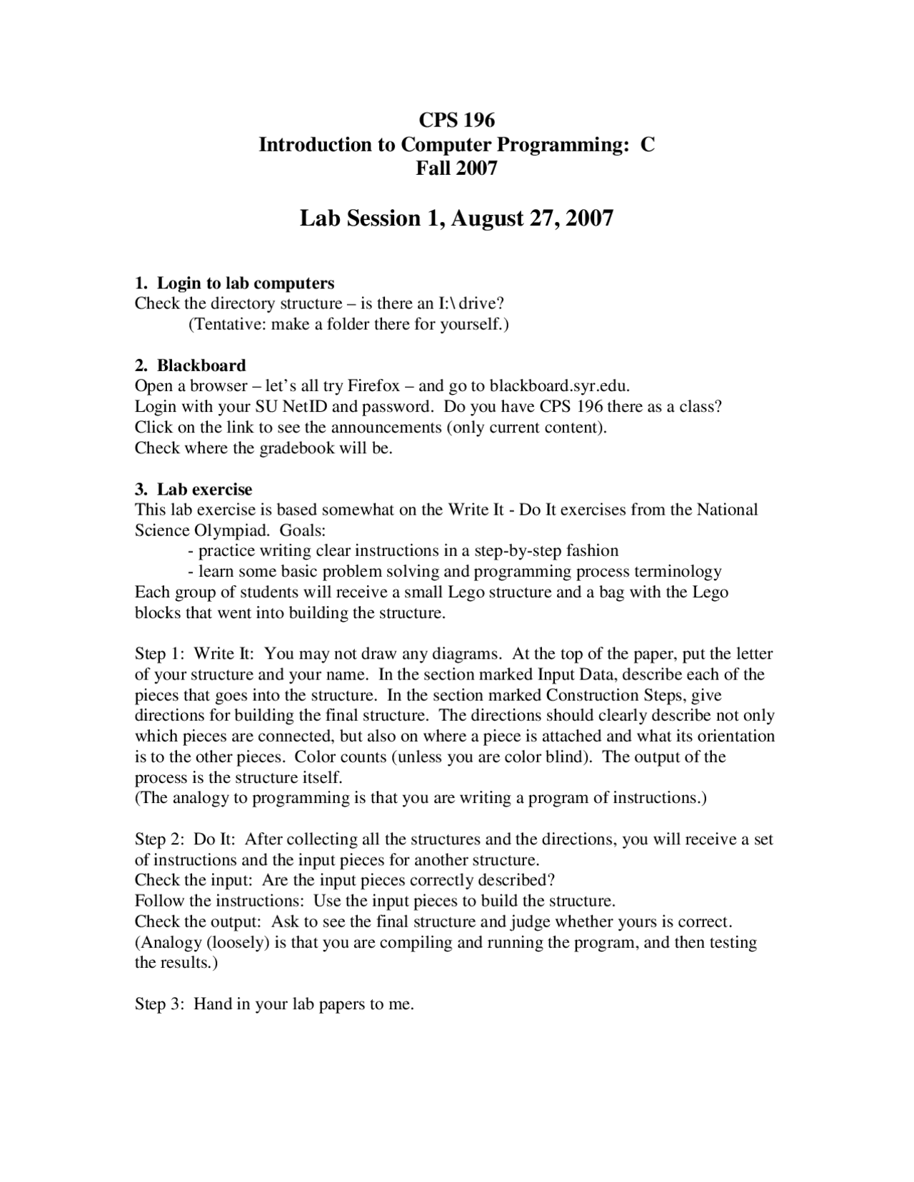 Login To Lab Computer Introduction To Computer Programming Cps 196 Docsity