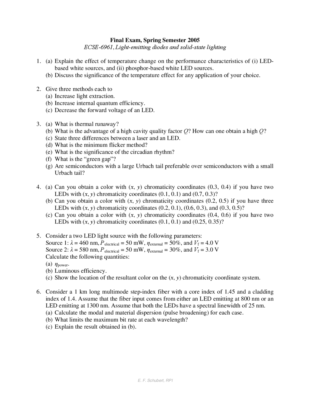 Practice Final Exam - Light Emitting Diodes and Solid State Lighting | ECSE 6961 - Docsity