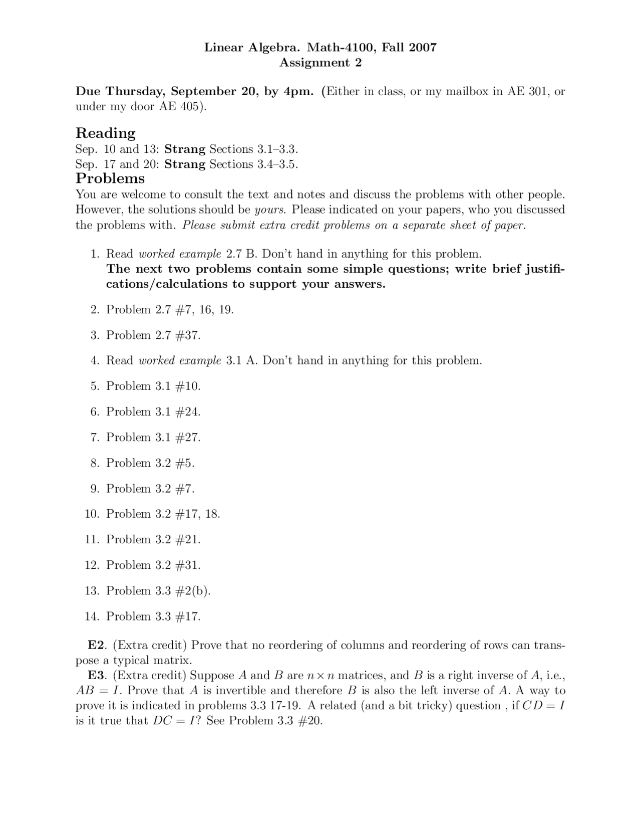 Linear Algebra Assignment 2 Questions Math 4100 Docsity