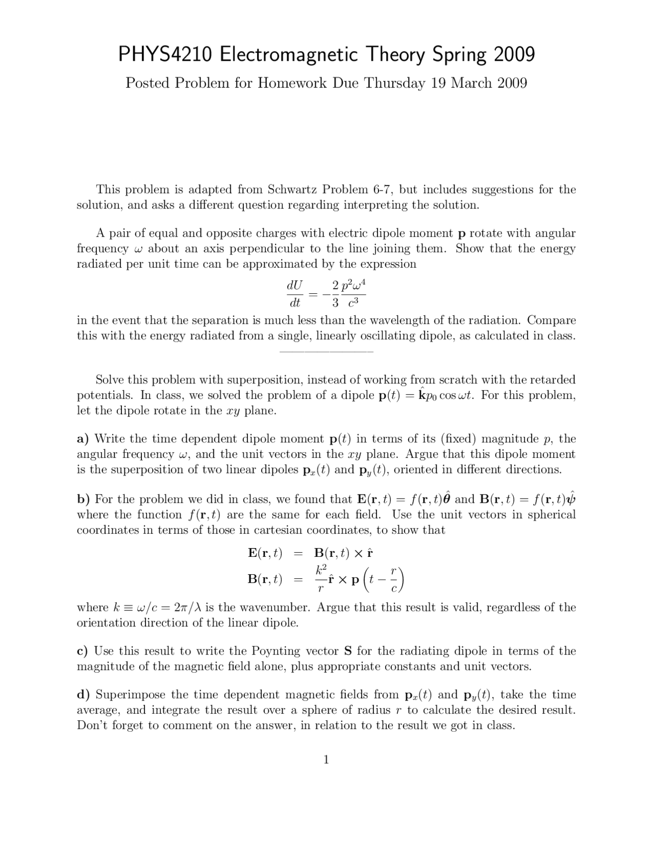Practice Questions For Assignment Electromagnetic Theory Phys 4210