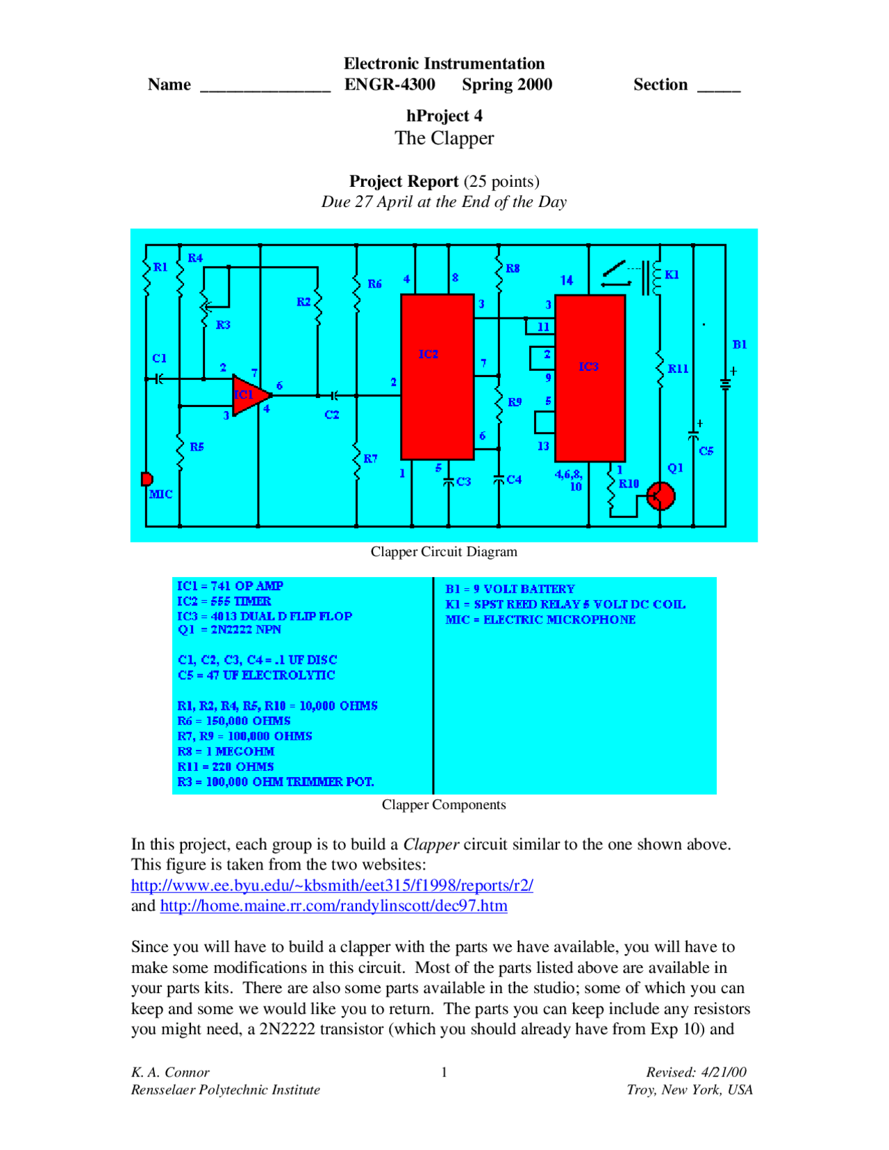 Electronic Instrumentation: The Clapper - Project 4 | ENGR 4300 - Docsity