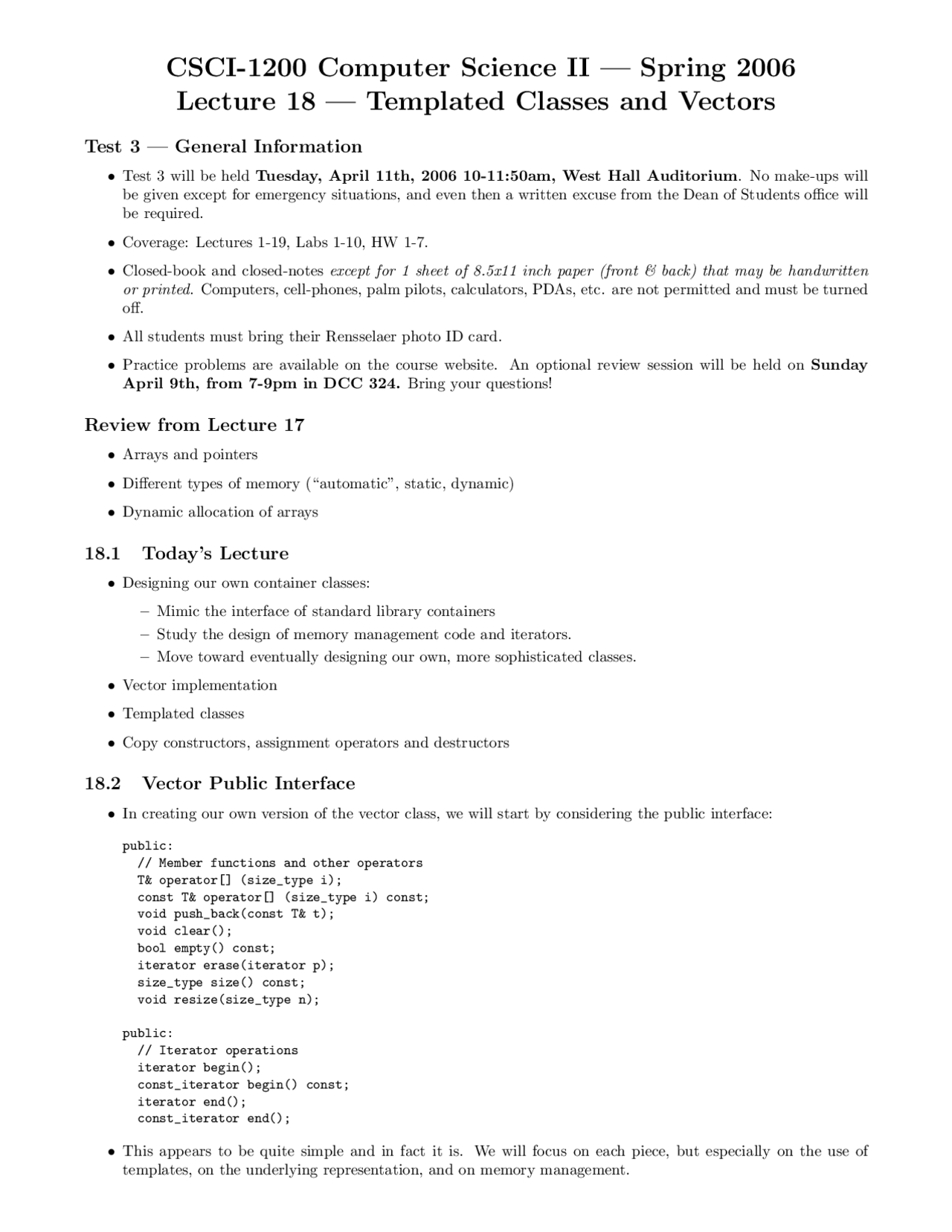 Template Classes And Vectors Data Structures Csci 1200 Docsity