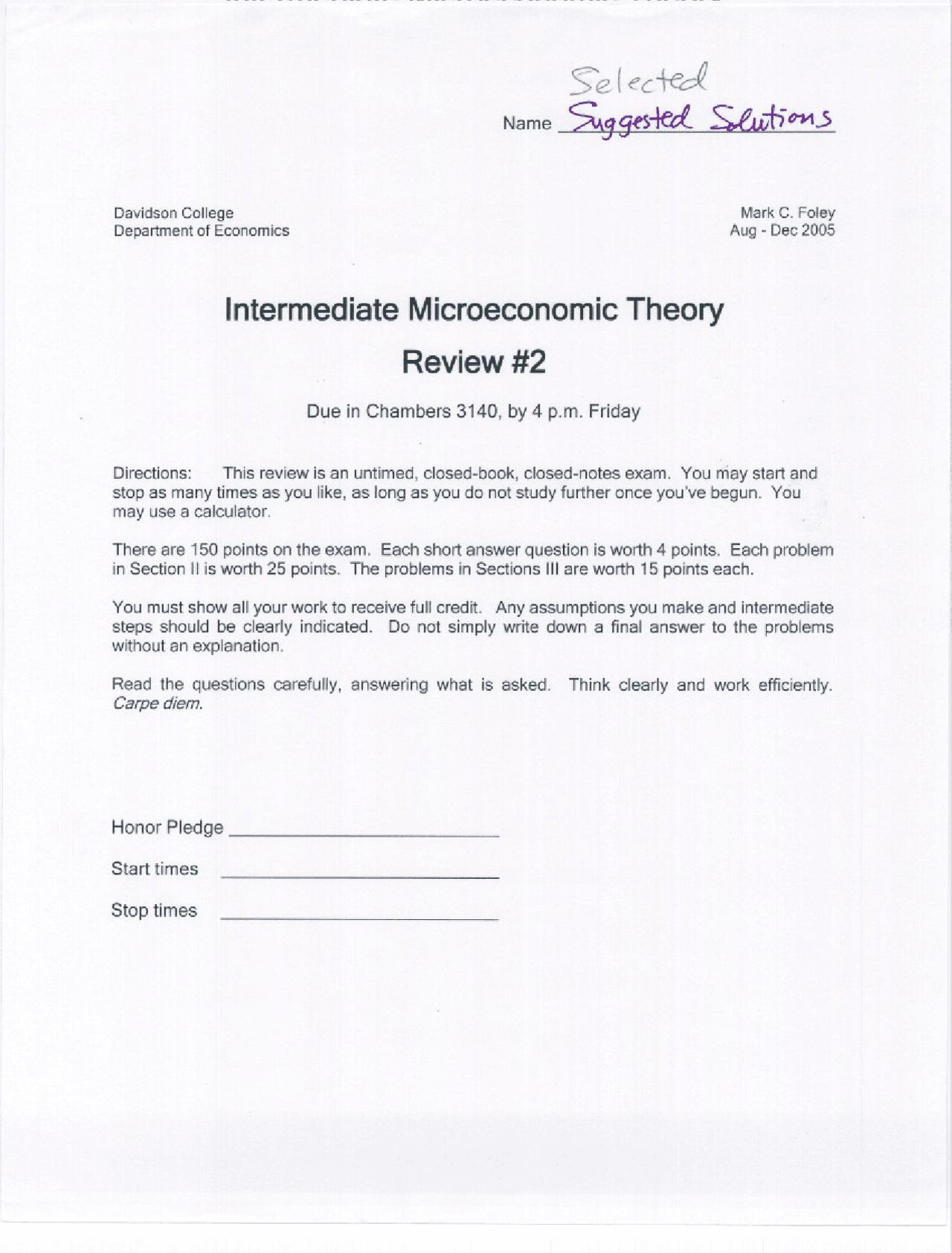 Exam 2 Questions With Solutions Intermediate Microeconomic Theory