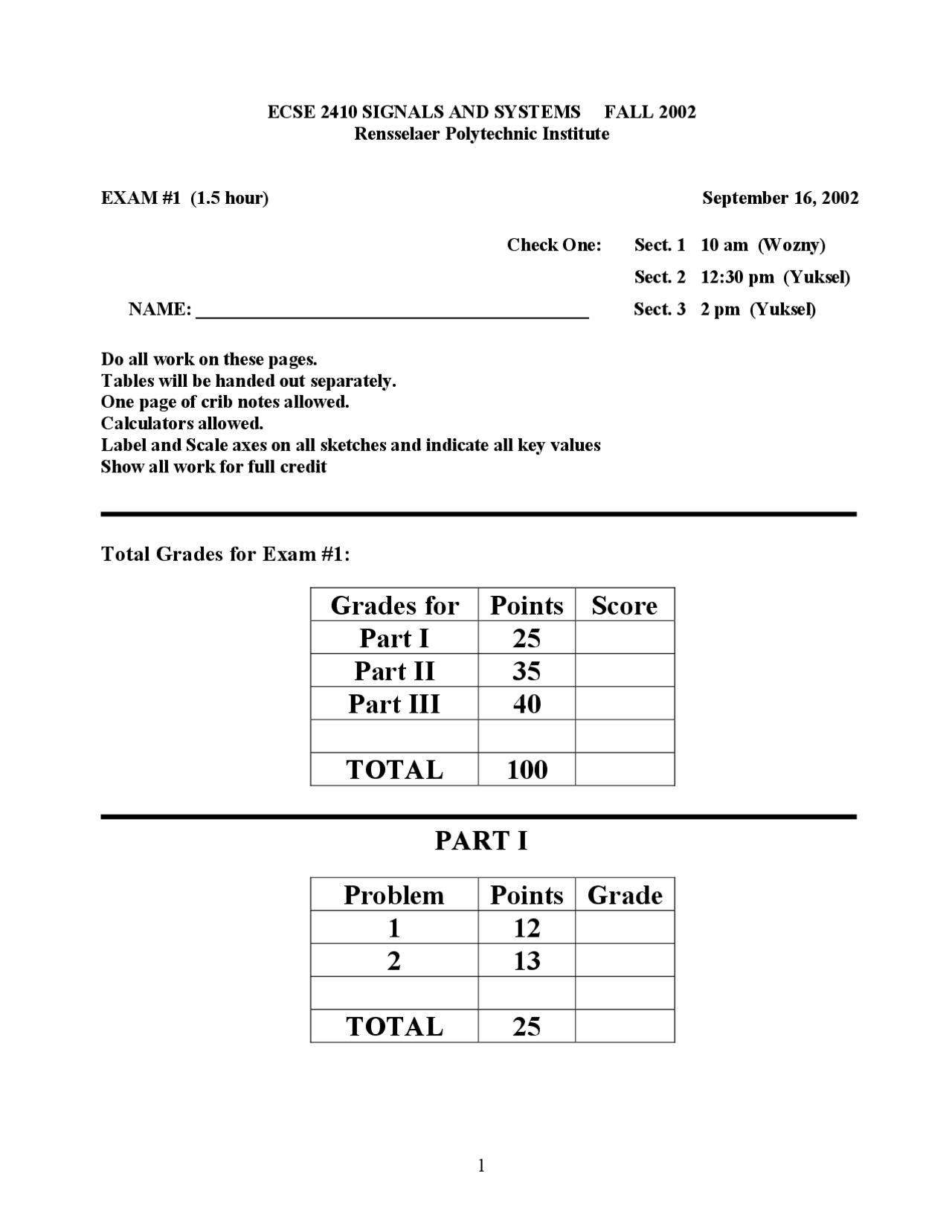 Signal And Systems Past Exam 1 Questions Ecse 2410 Docsity