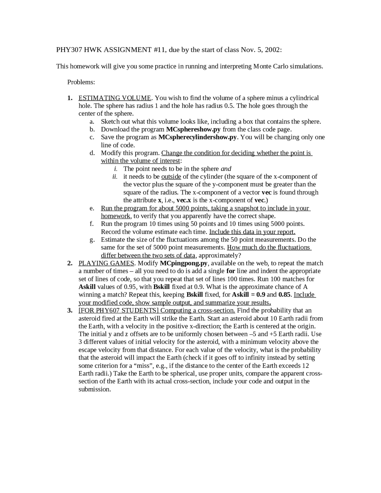 Science And Computers I Assignment 1 Problems Fall 2002 Phy 307 Docsity