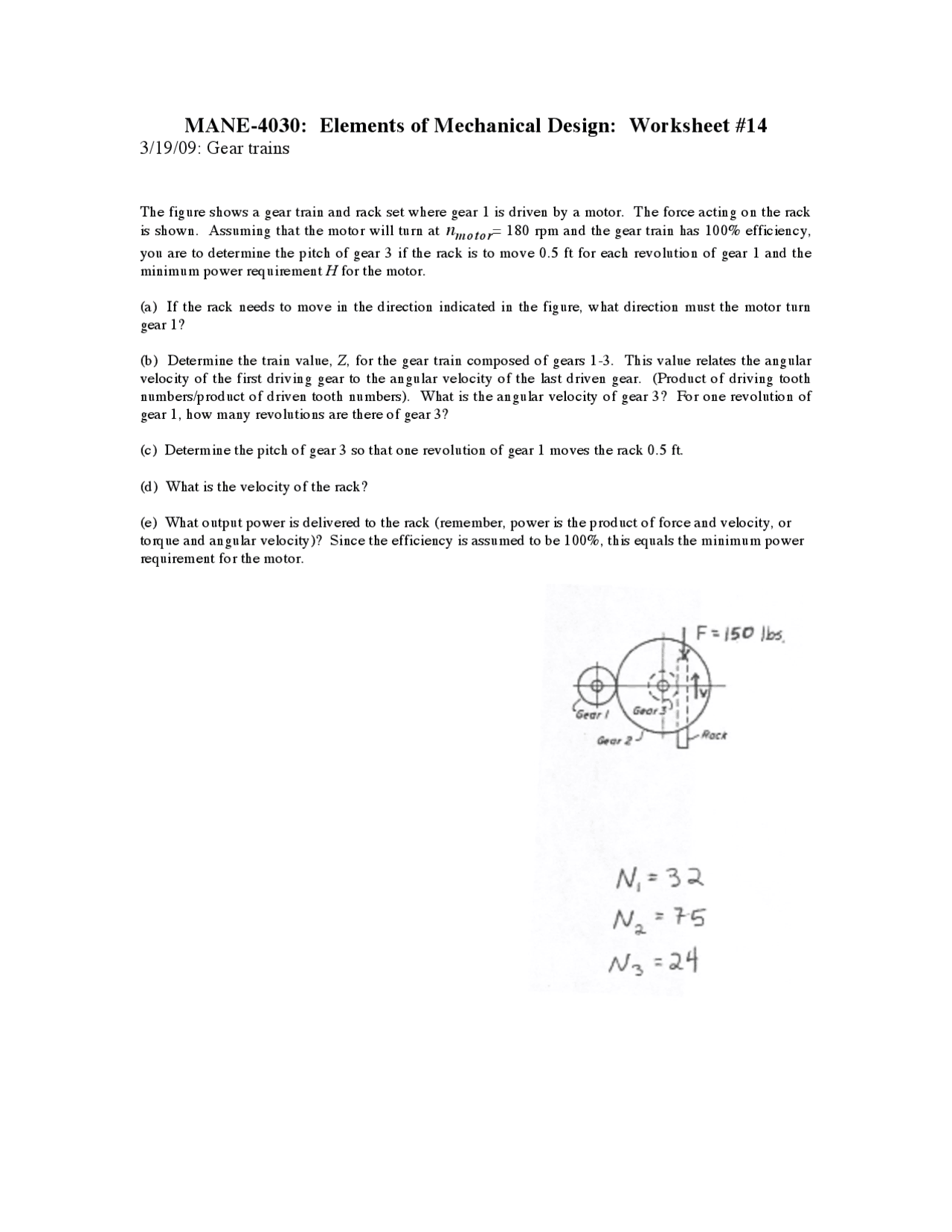 Worksheet 14 for Elements of Mechanical Design | MANE 4030 | Docsity