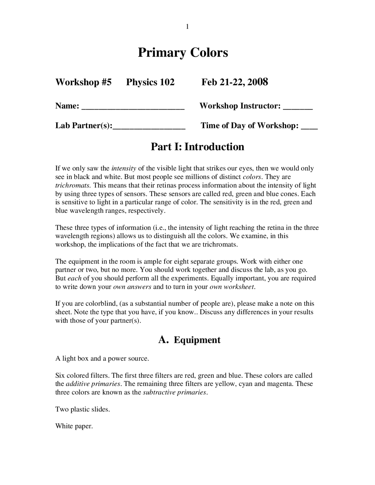 Primary Colors Workshop Major Concepts Of Physics Ii Phy 102 Docsity