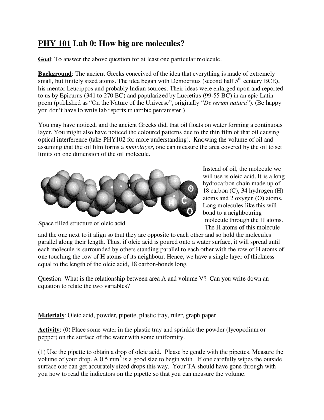 Laboratory: How Big are Molecules | PHY 101 - Docsity