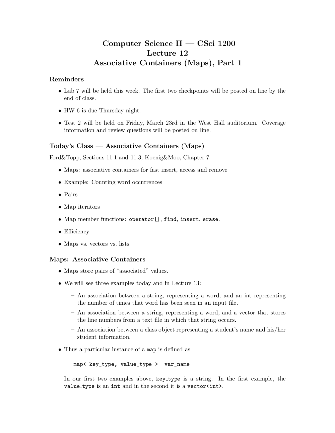 Laboratory 7 Associative Containers Maps Part I Csci 1200 Docsity