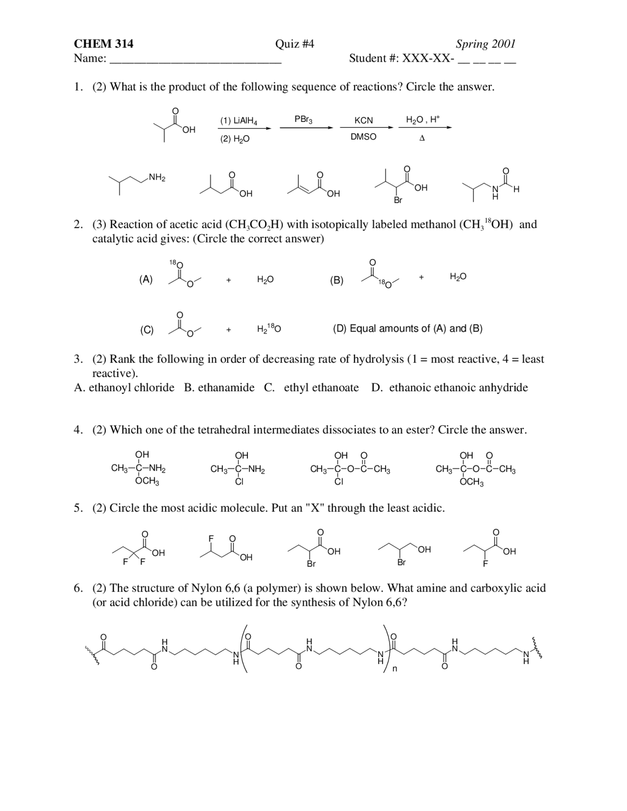 Unsolved Quiz 4 Organic Chemistry Ii Chem 314 Docsity