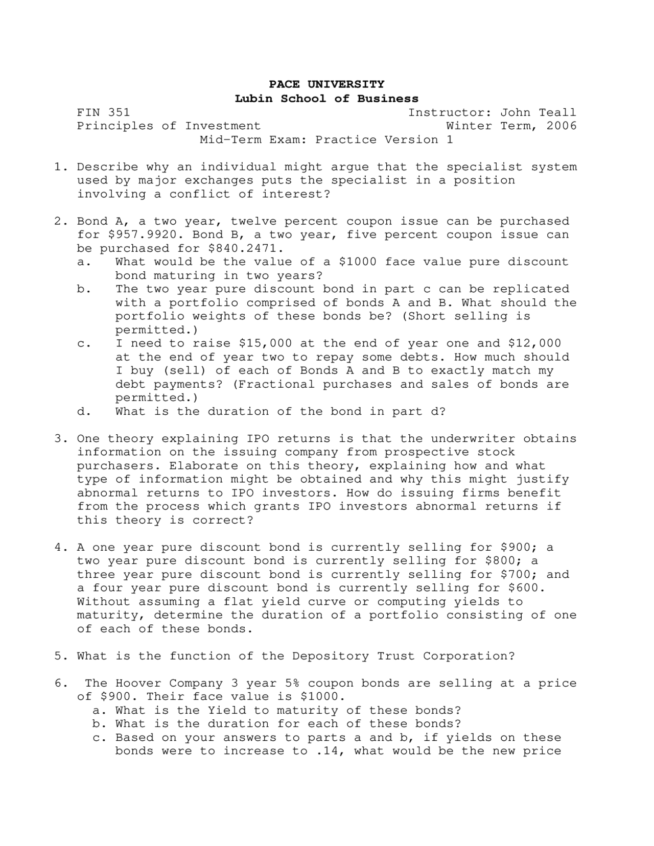 Questions On Principles Of Investment Exam Fin 351 Docsity