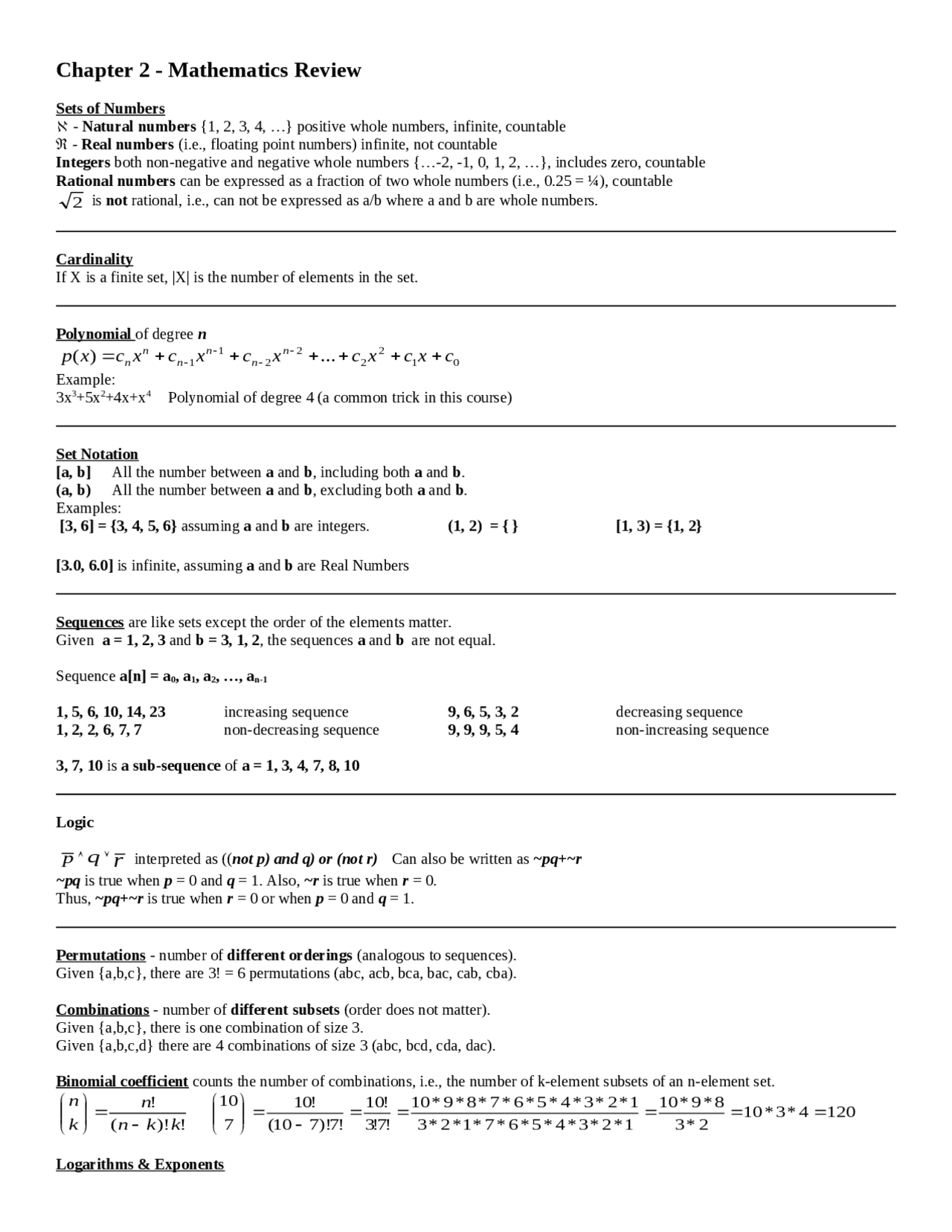 Mathematics Review Sheet Analysis Of Algorithms Csis 385 Docsity