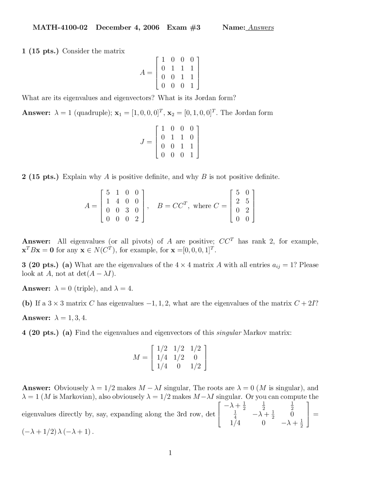 6 Questions with Answers, Exam 3 on Linear Algebra | MATH 4100 - Docsity