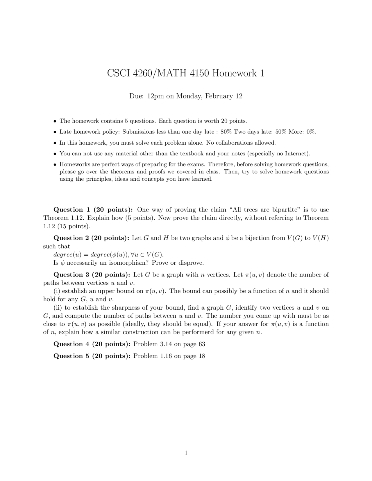 5 Questions on Graph Theory - Assignment 1 | CSCI 4260 | Docsity