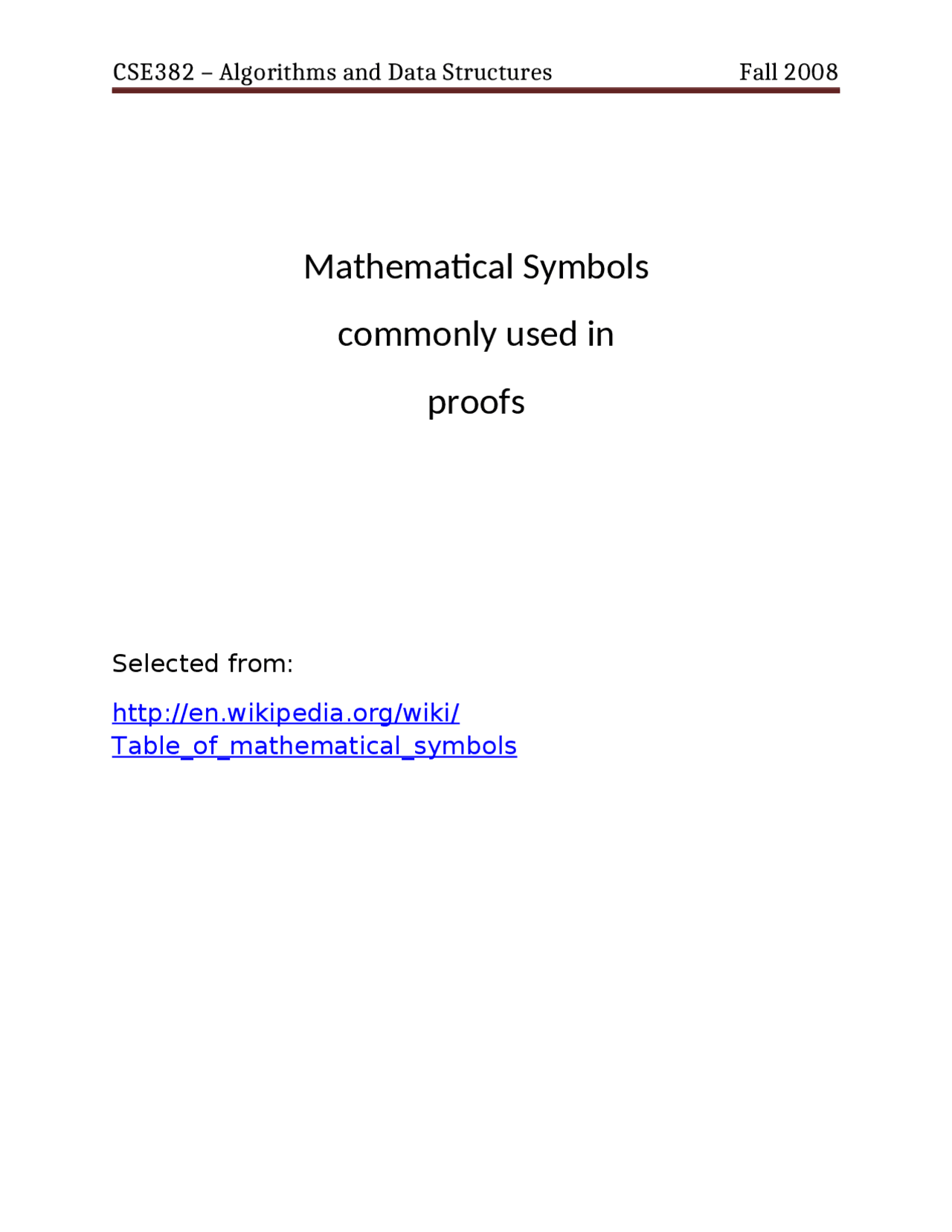 Mathematical Symbols Commonly Used in Proofs - Fall 2008 | CSE 382 ...