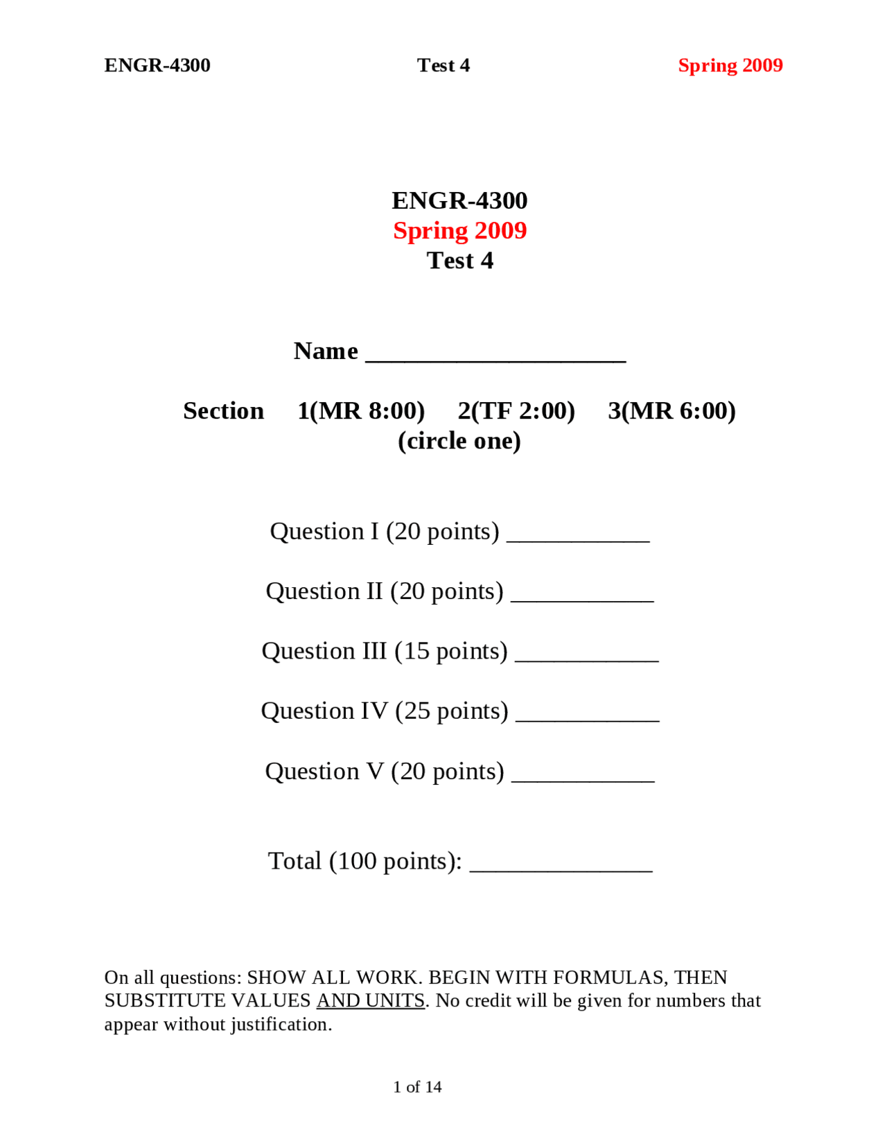 Test 4 Electronic Instrumentation Spring 2009 Engr 4300 Docsity