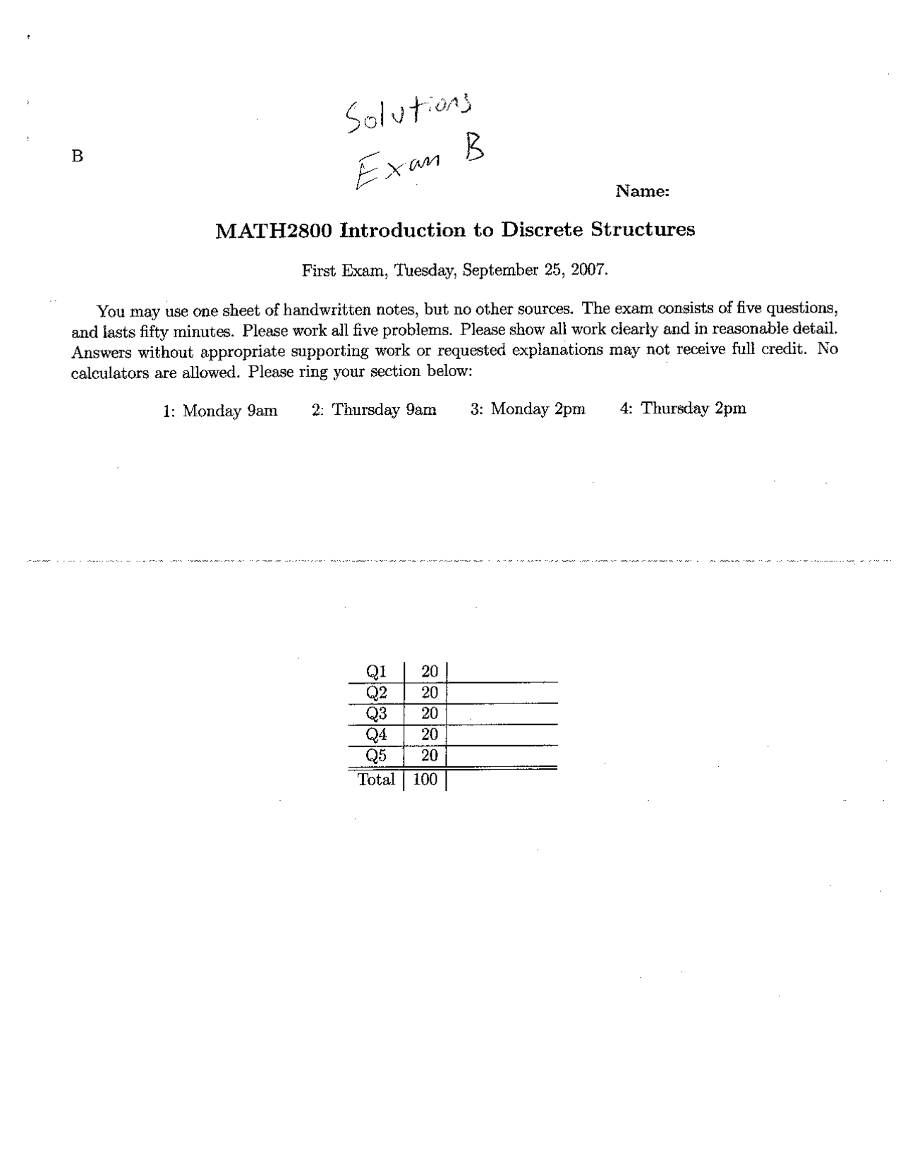 Exam B With Solutions Introduction To Discrete Structures Math 2800