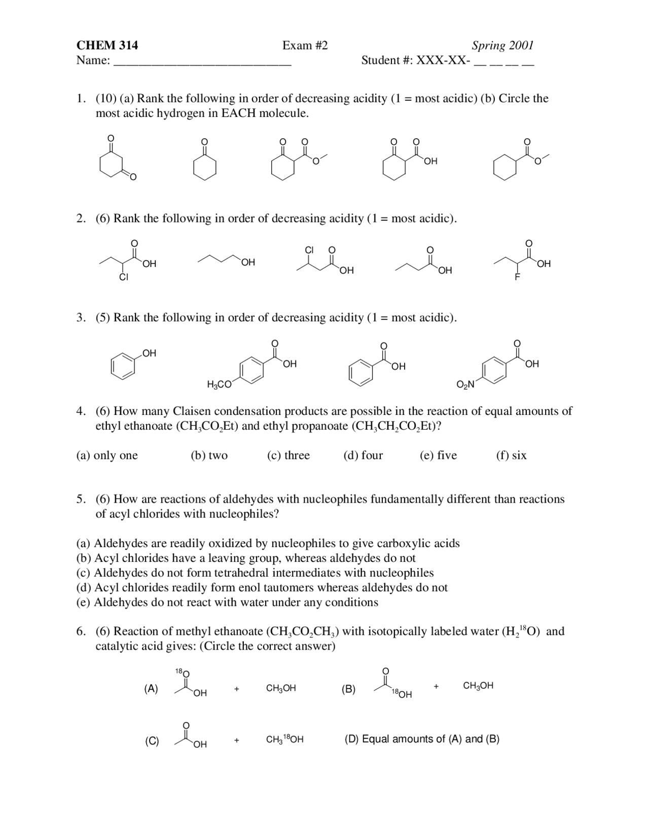 15 Questions of Organic Chemistry II - Exam 2 | CHEM 314 - Docsity
