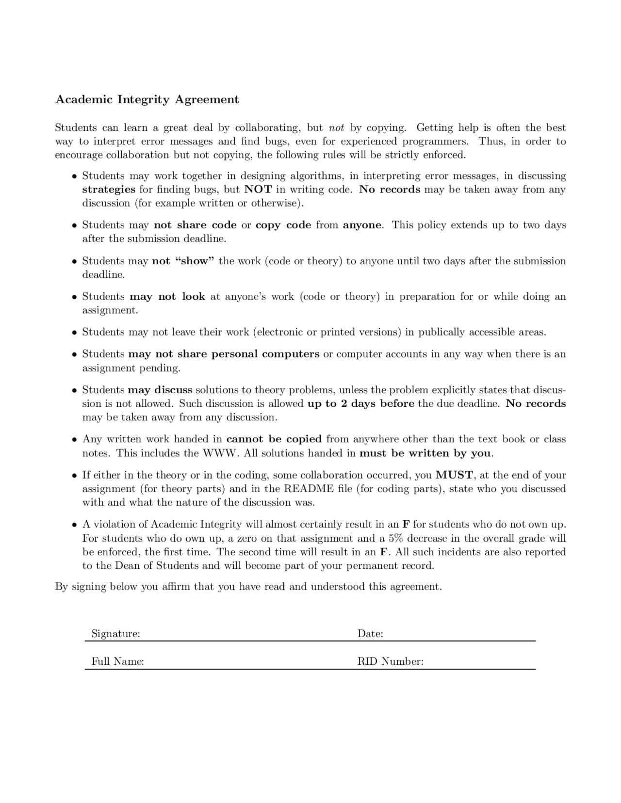 Academic Integrity Agreement Introduction To Algorithms Csci 2300 Docsity