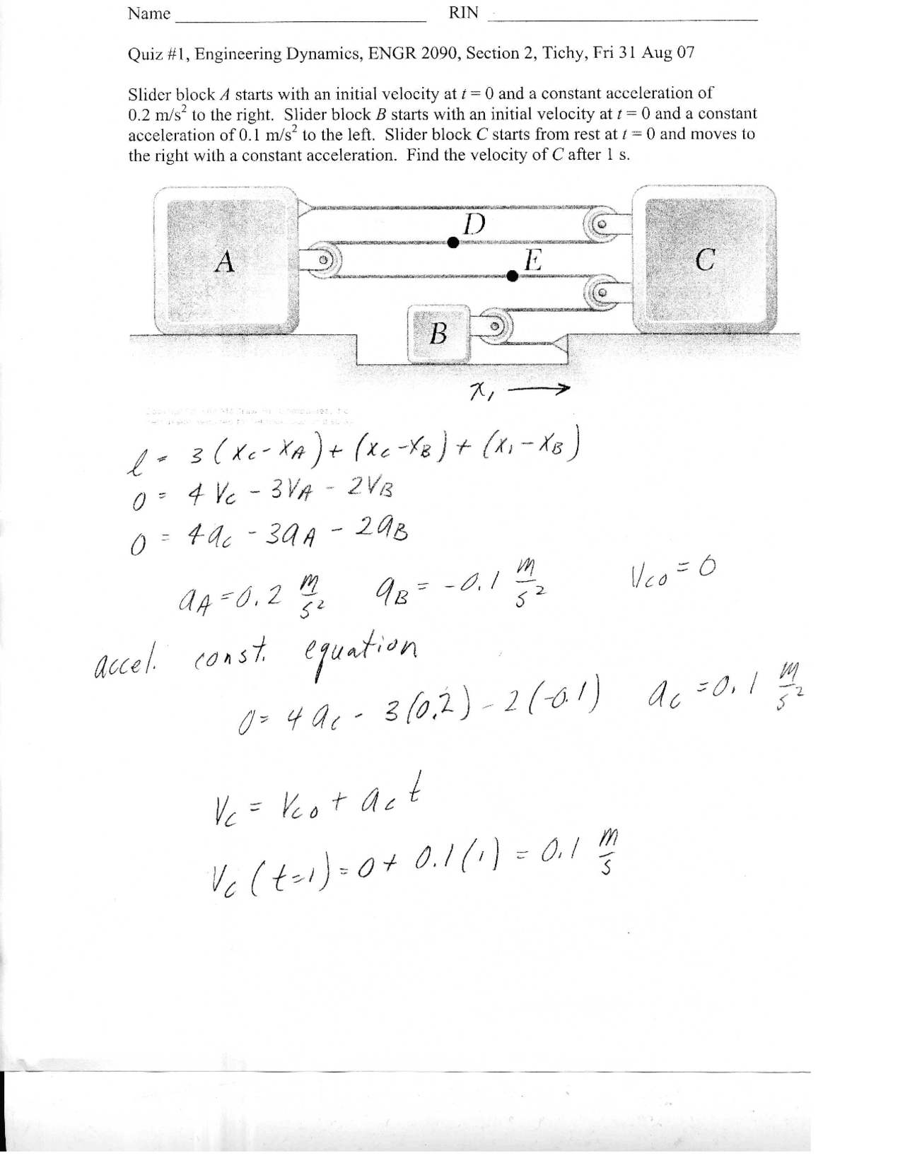 Engineering Dynamics Quiz 1 With Solution Engr 2090 Docsity