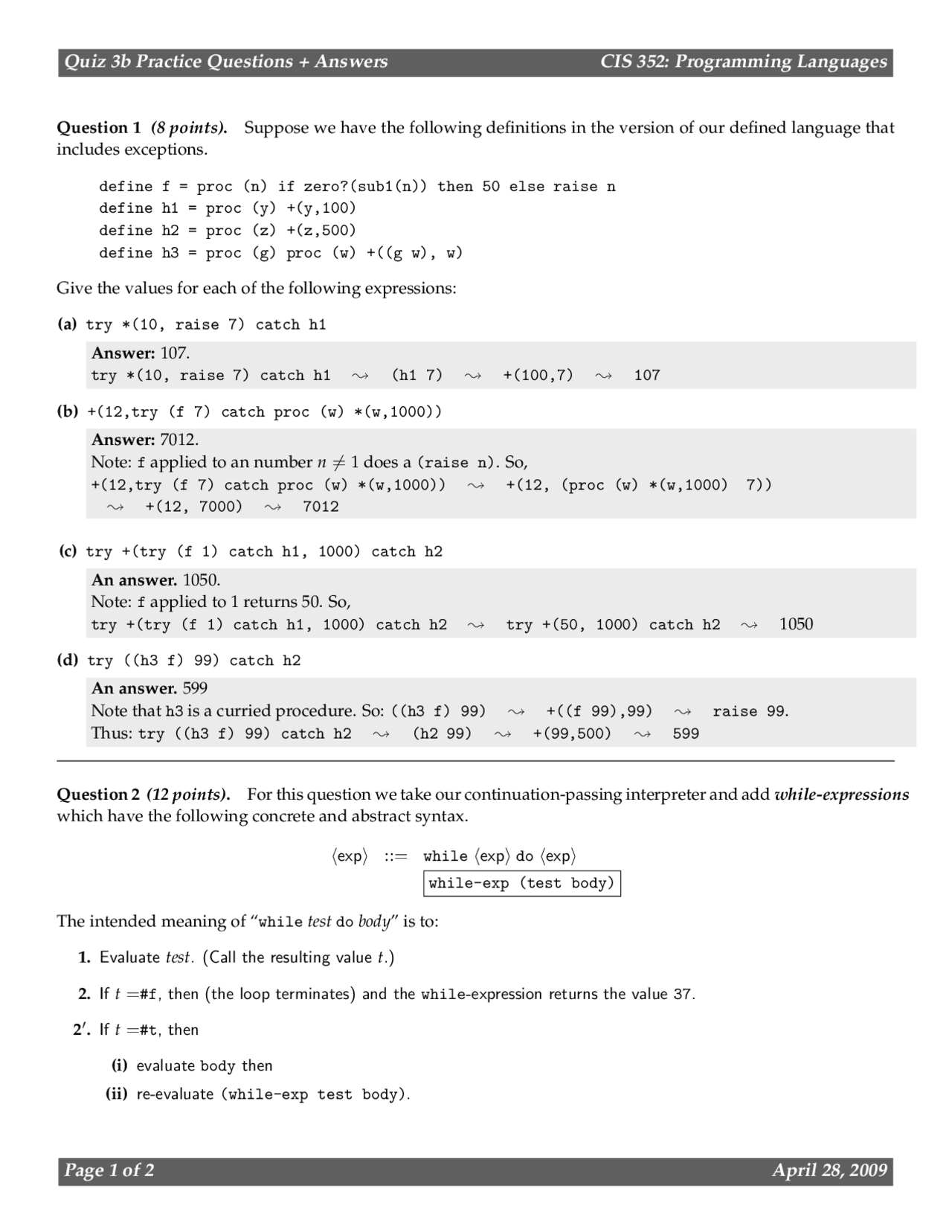 Quiz With Solved Practice Questions For Programming Languages Cis 352