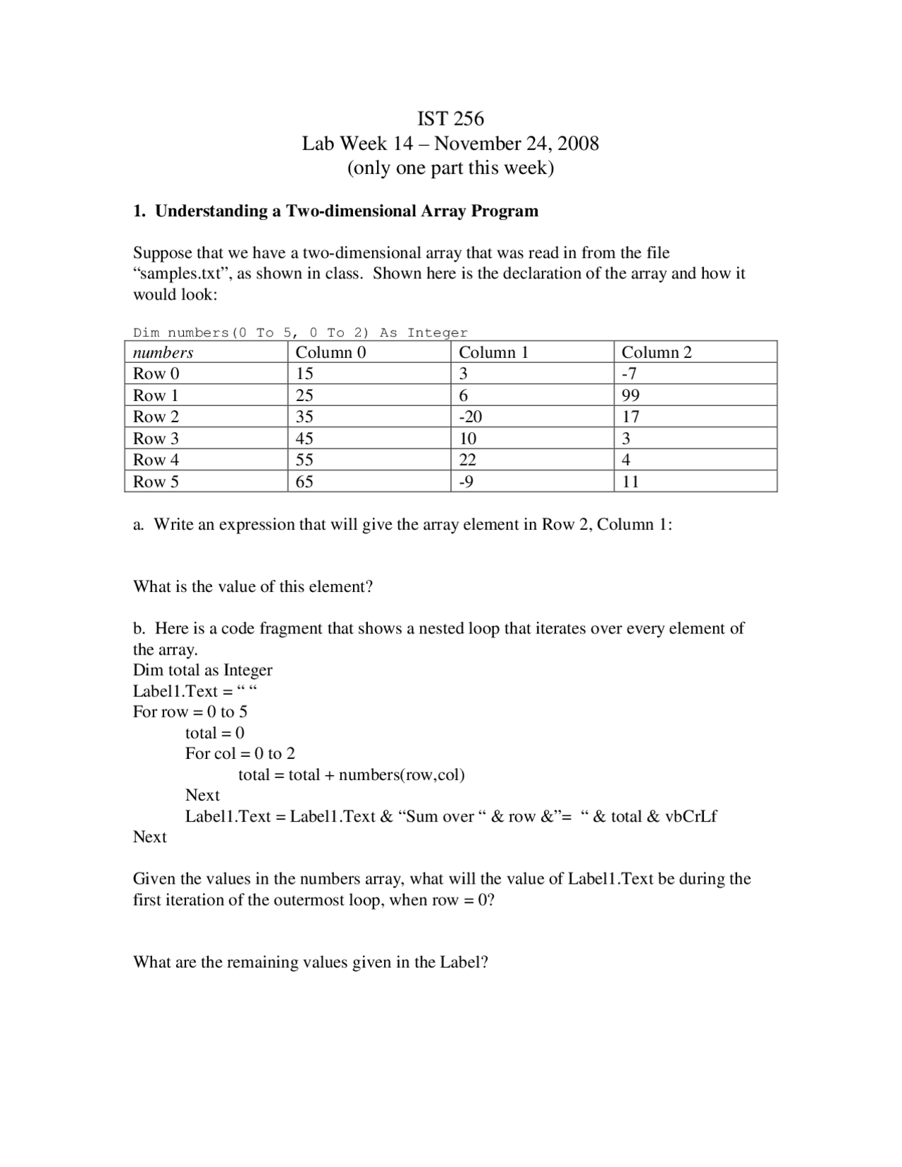 Understanding A Two Dimensional Array Program Lab 14 Ist 256 Docsity