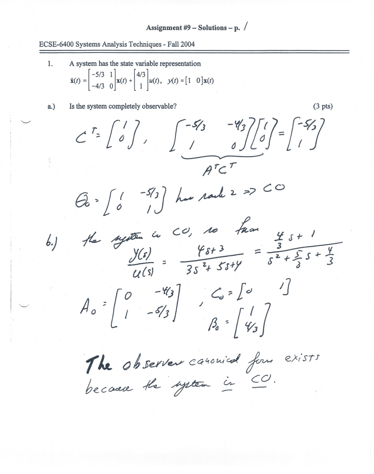 Systems Analysis Techniques Homework 9 Solutions Ecse 6400 Docsity
