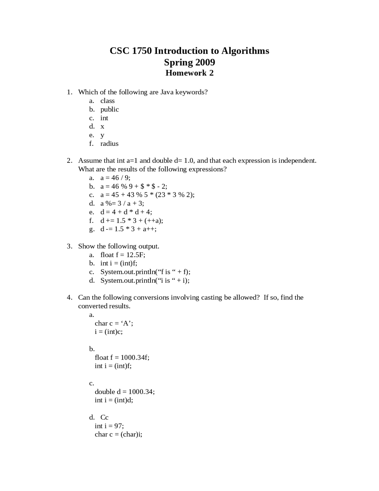 Homework II Questions for Introduction to Algorithms | CSC 1750 - Docsity