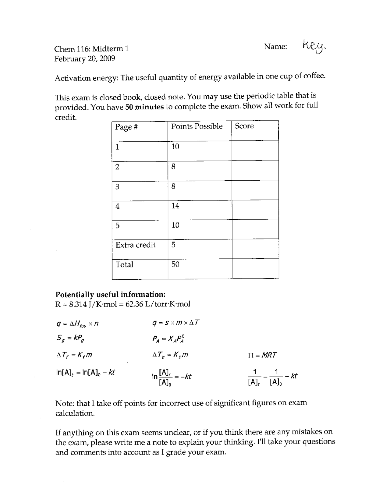 Midterm Exam 1 With Answer Key Principles Of Chemistry Ii Chem 116