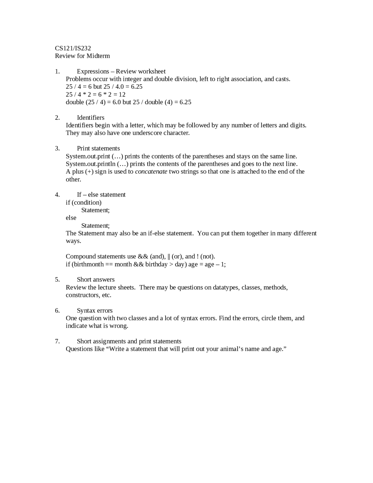 Review for Midterm Exam - Computer Programming I | CS 121 | Study notes ...