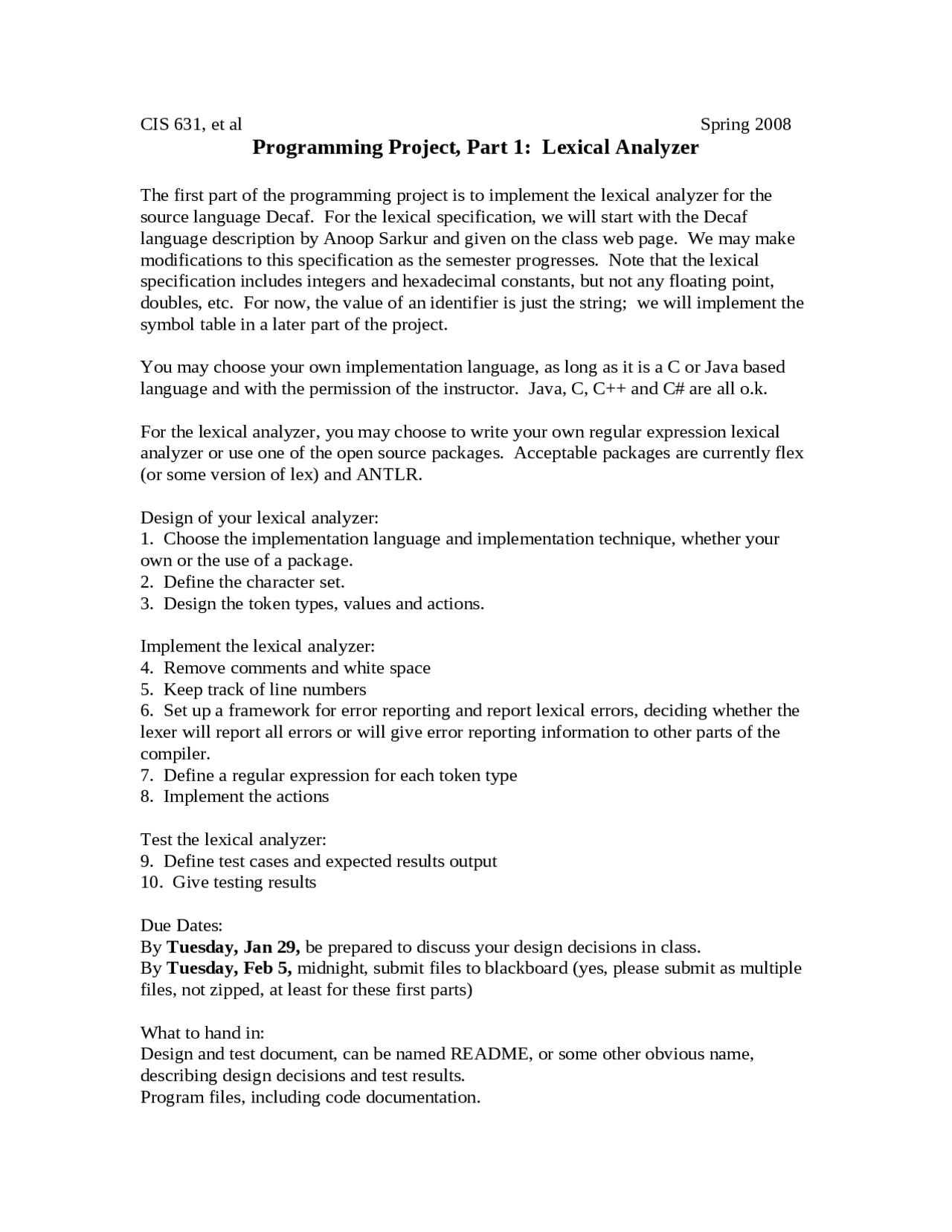 Lexical Analyzer Programming Project Part 1 Spring 2008 Cis 631