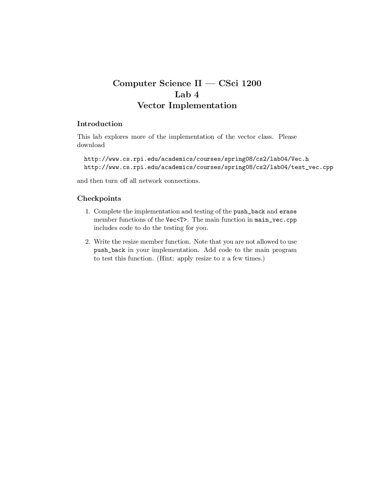 Vector Implementation Data Structures Lab 4 Csci 1200 Docsity 8765