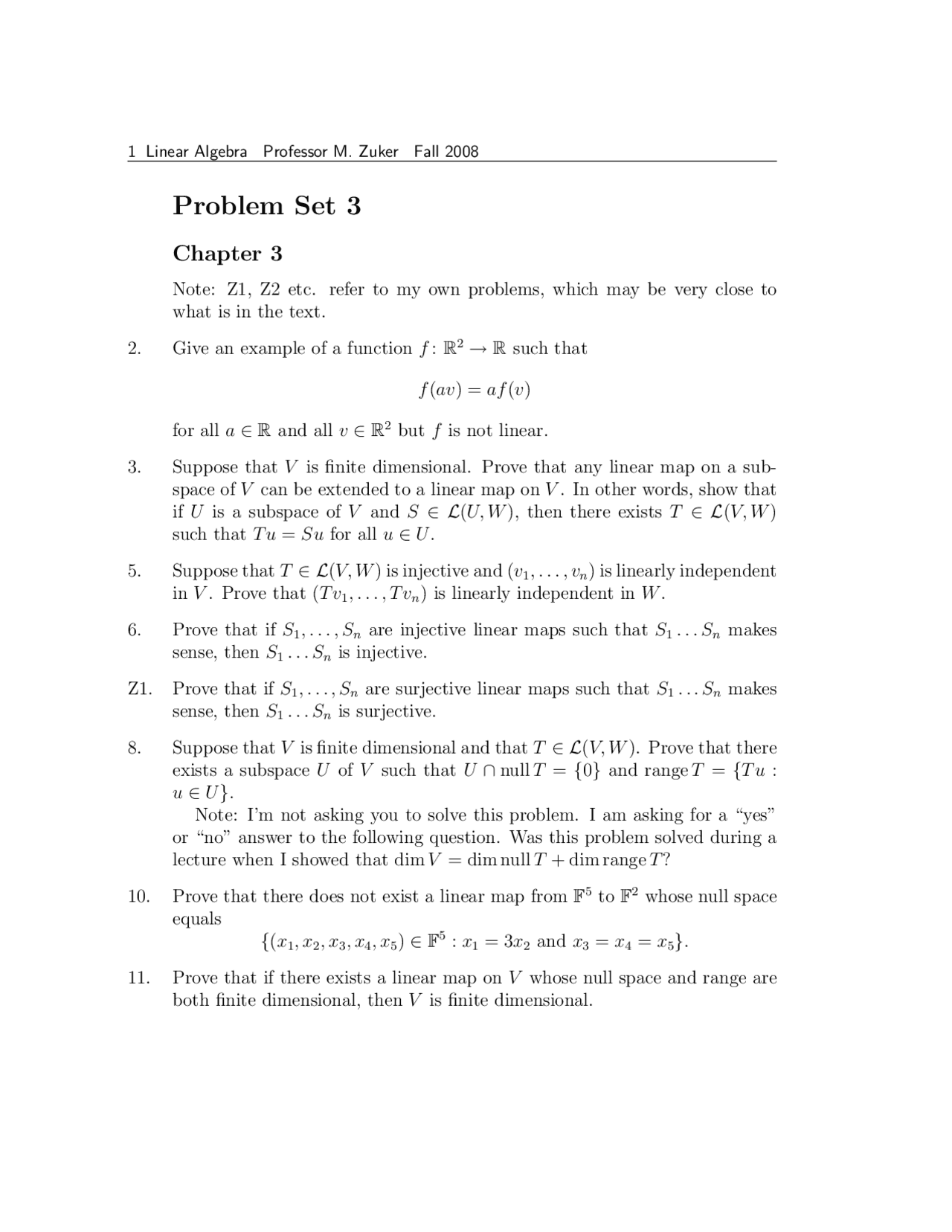 Linear Algebra Problem Set 3 Math 4100 Docsity