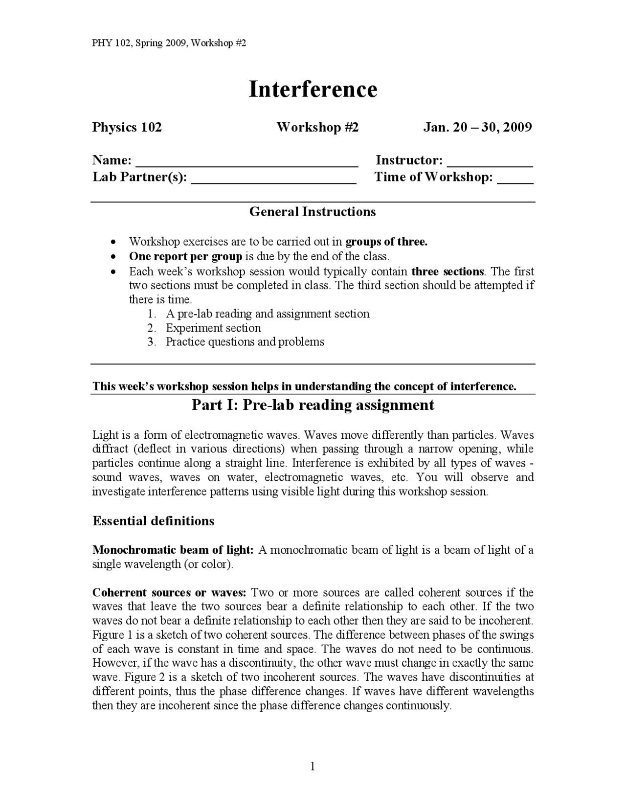 Workshop 2 Interference Major Concepts Of Physics Ii Phy 102 Docsity