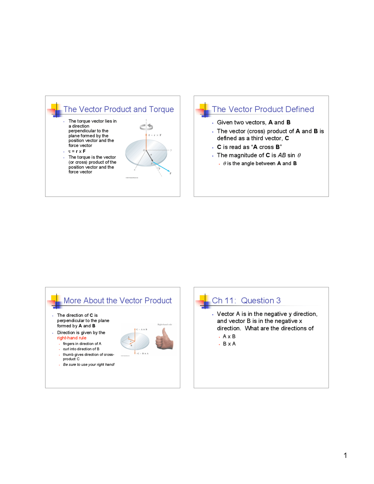The Vector Product And Torque Lecture Slides Phys 130 Docsity