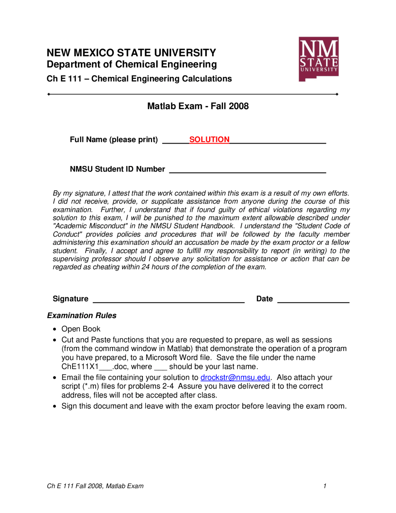 Matlab Exam Question With Solutions Introduction To Computer Ch E