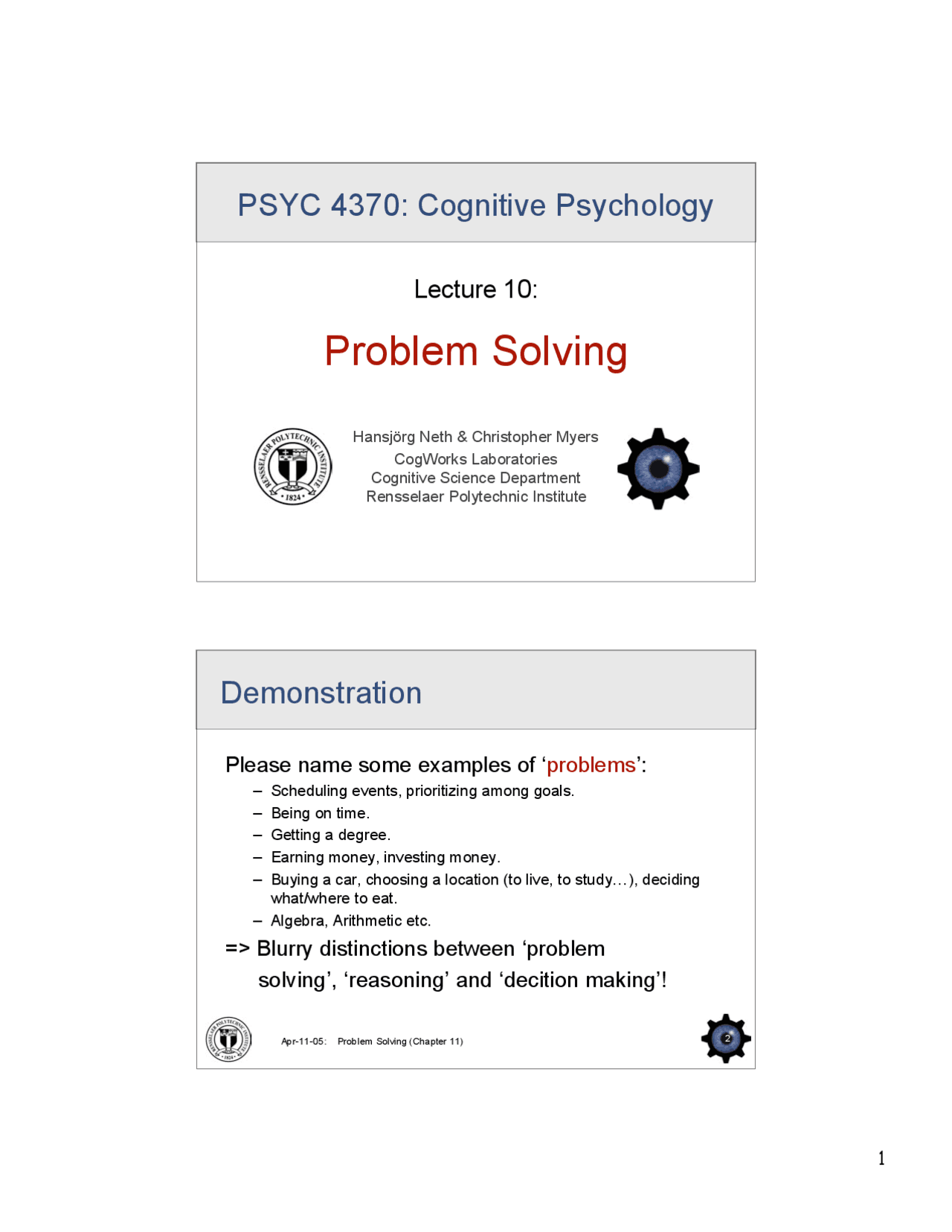 Problem Solving Cognitive Psychology Notes Slides Psyc 4370