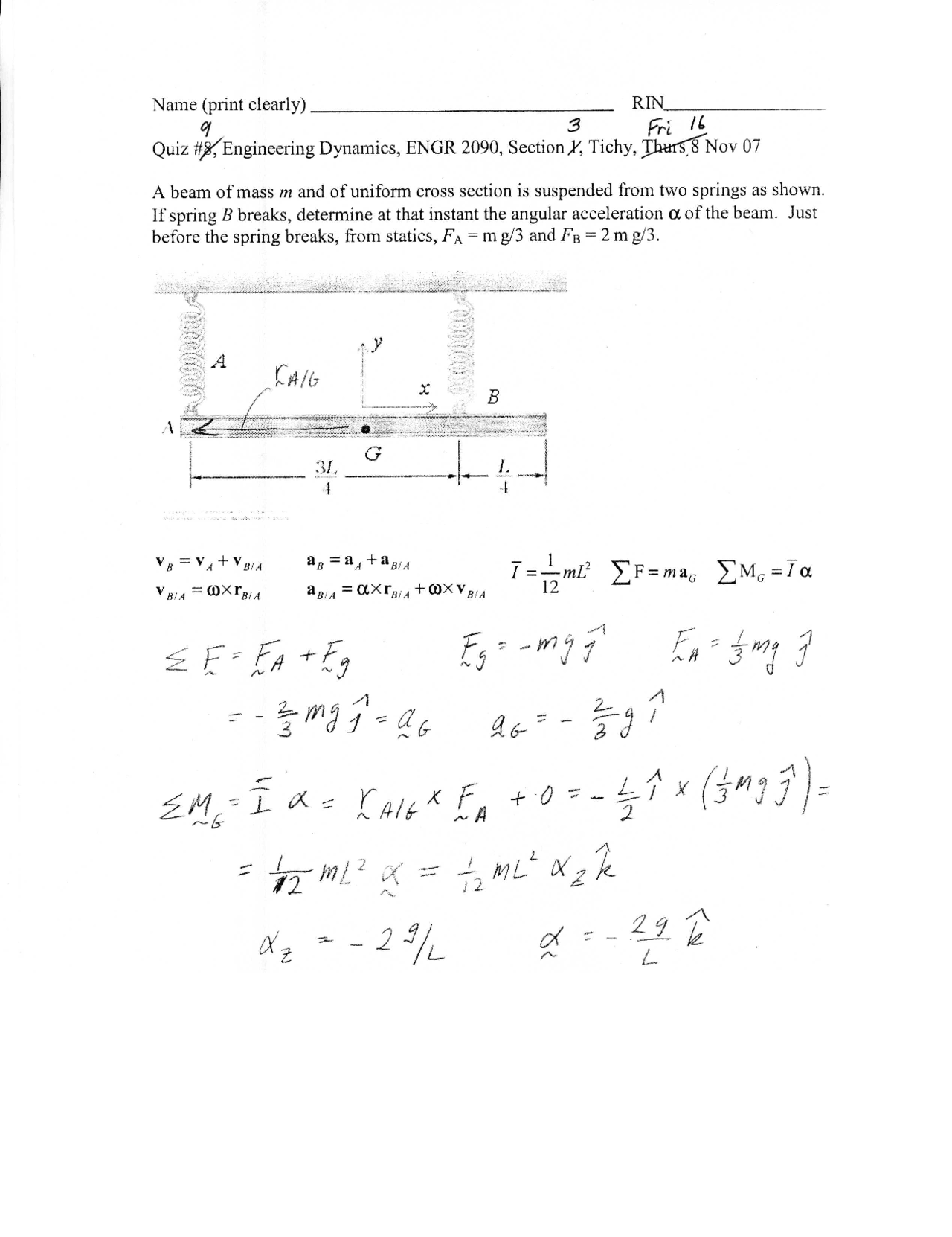 Quiz 9 Solved Engineering Dynamics Engr 2090 Docsity