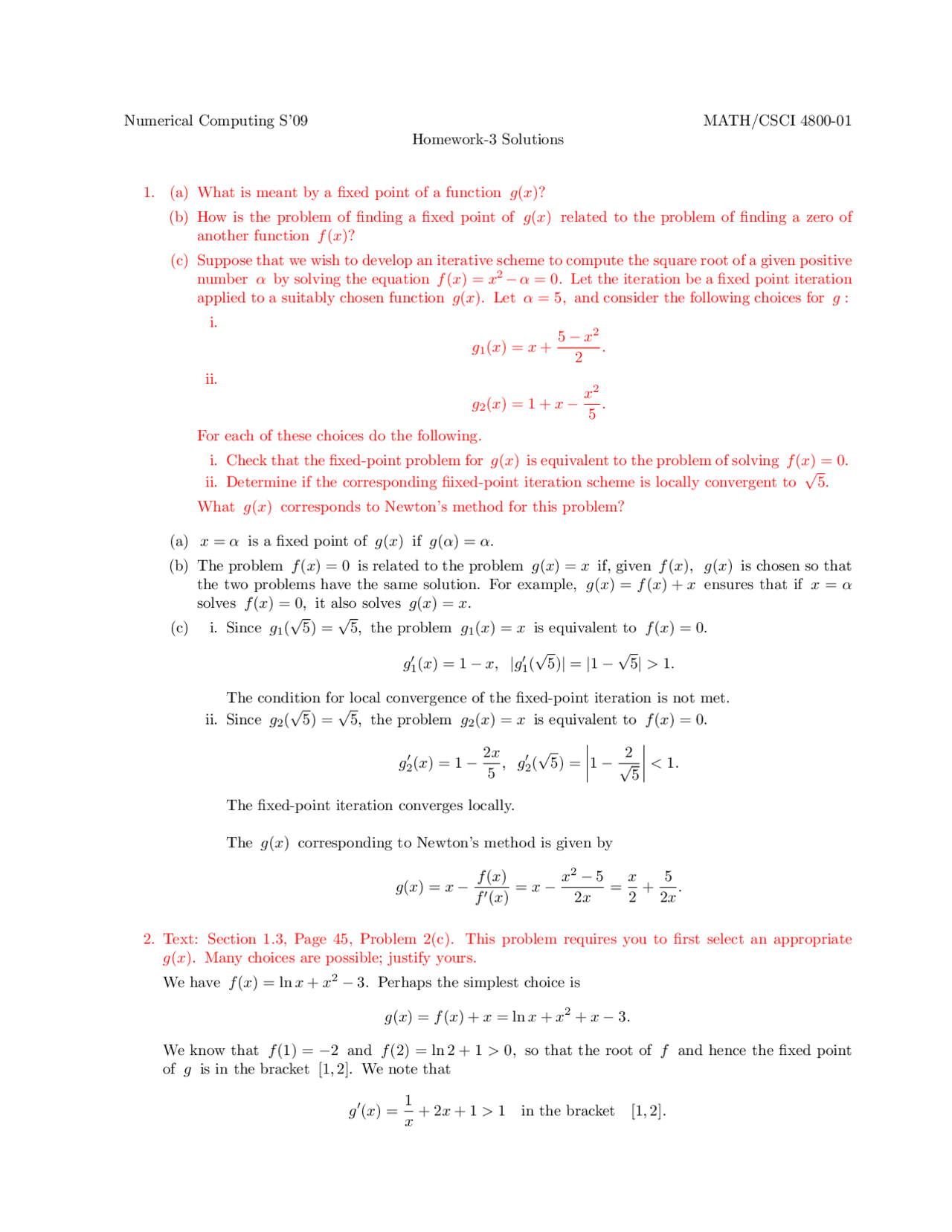 Homework 3 Solutions For Numerical Computing Csci 4800 Docsity