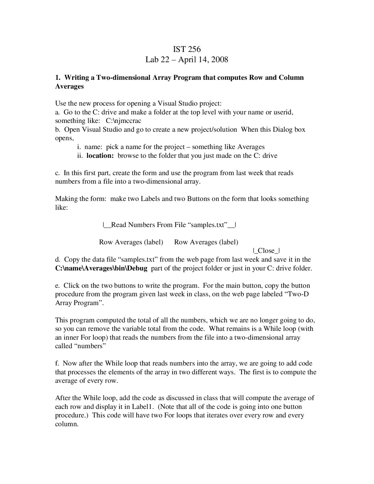Writing A Two Dimensional Array Program That Computes Row And Column Averages Ist 256 Docsity