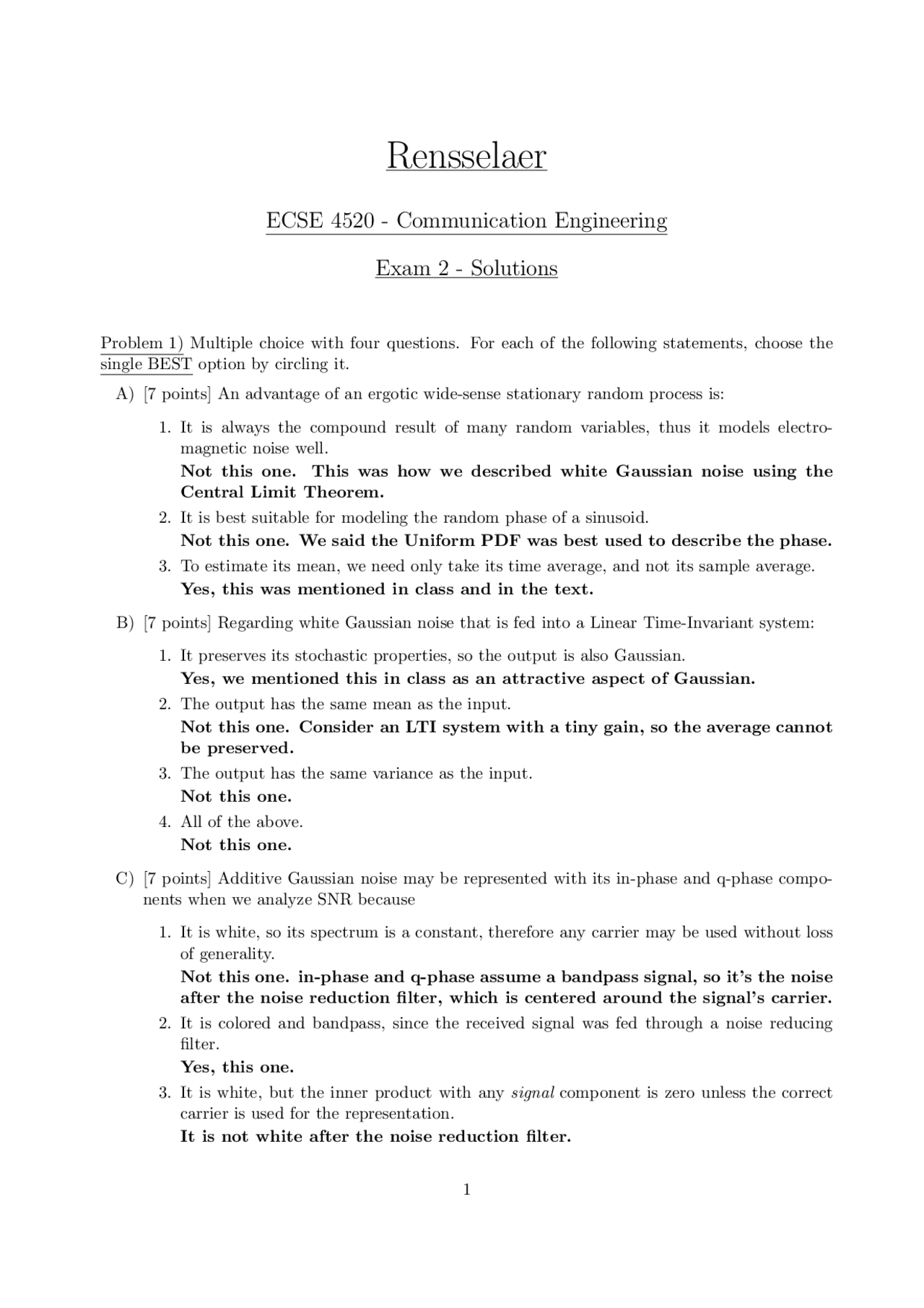 Exam 2 Solutions Communication Systems Ecse 4520 Docsity