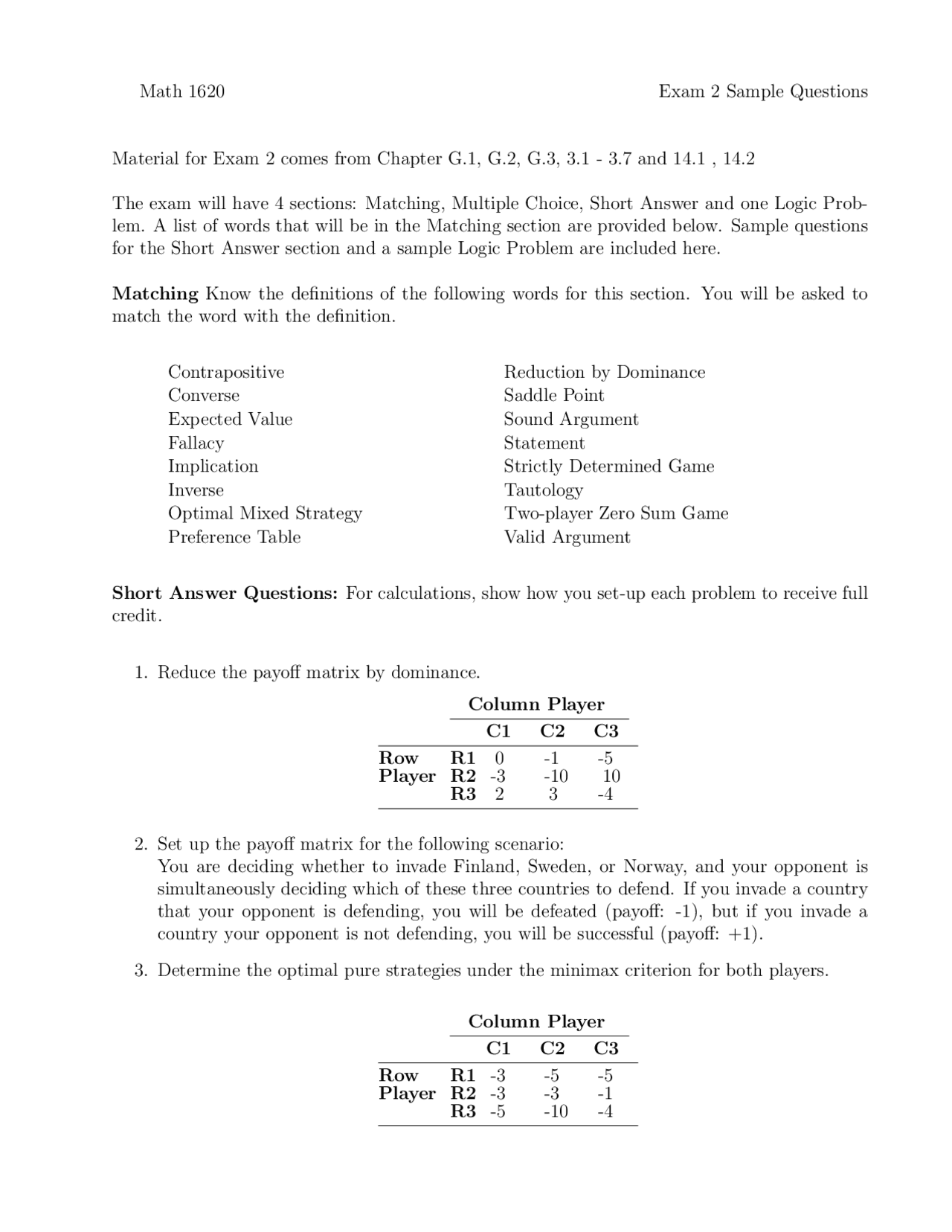 Exam 2 Sample Questions Contemporary Mathematics Math 1620 Docsity